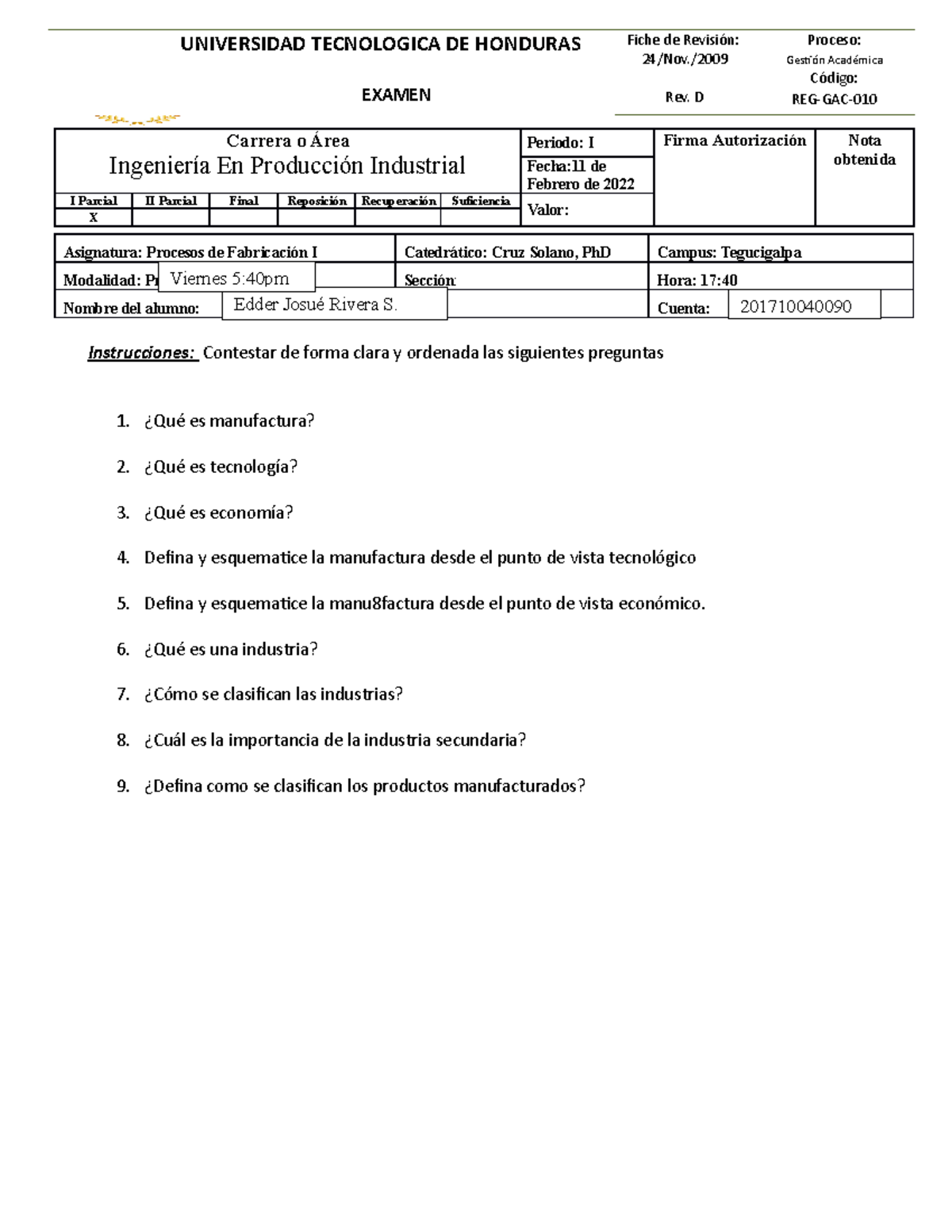 Examen procesos de fabricacion resuelto Edder Rivera - Carrera o Área ...