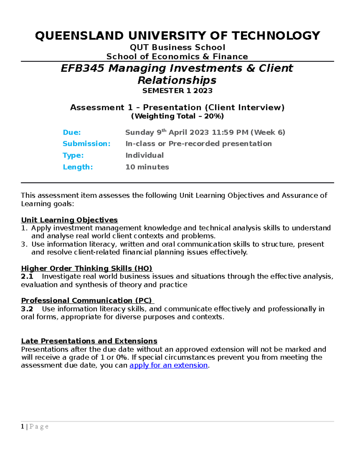 A1 - Task sheet - QUEENSLAND UNIVERSITY OF TECHNOLOGY QUT Business ...