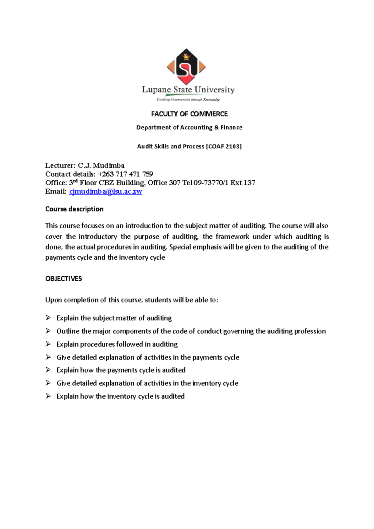 COAF2103 Audit Skills & Process Course Outline ( Level 2 - FACULTY OF ...