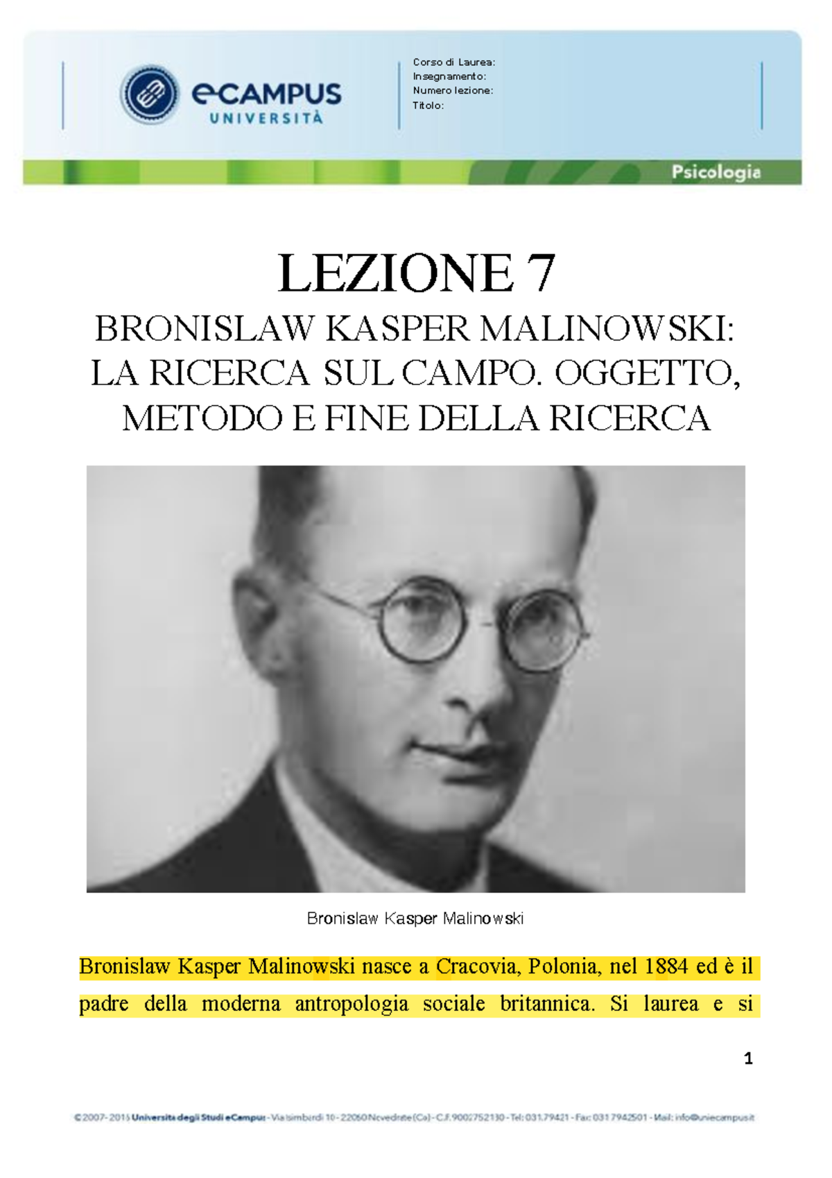 6 - lezione 6 - Numero lezione:Titolo: LEZIONE 7 BRONISLAW KASPER ...