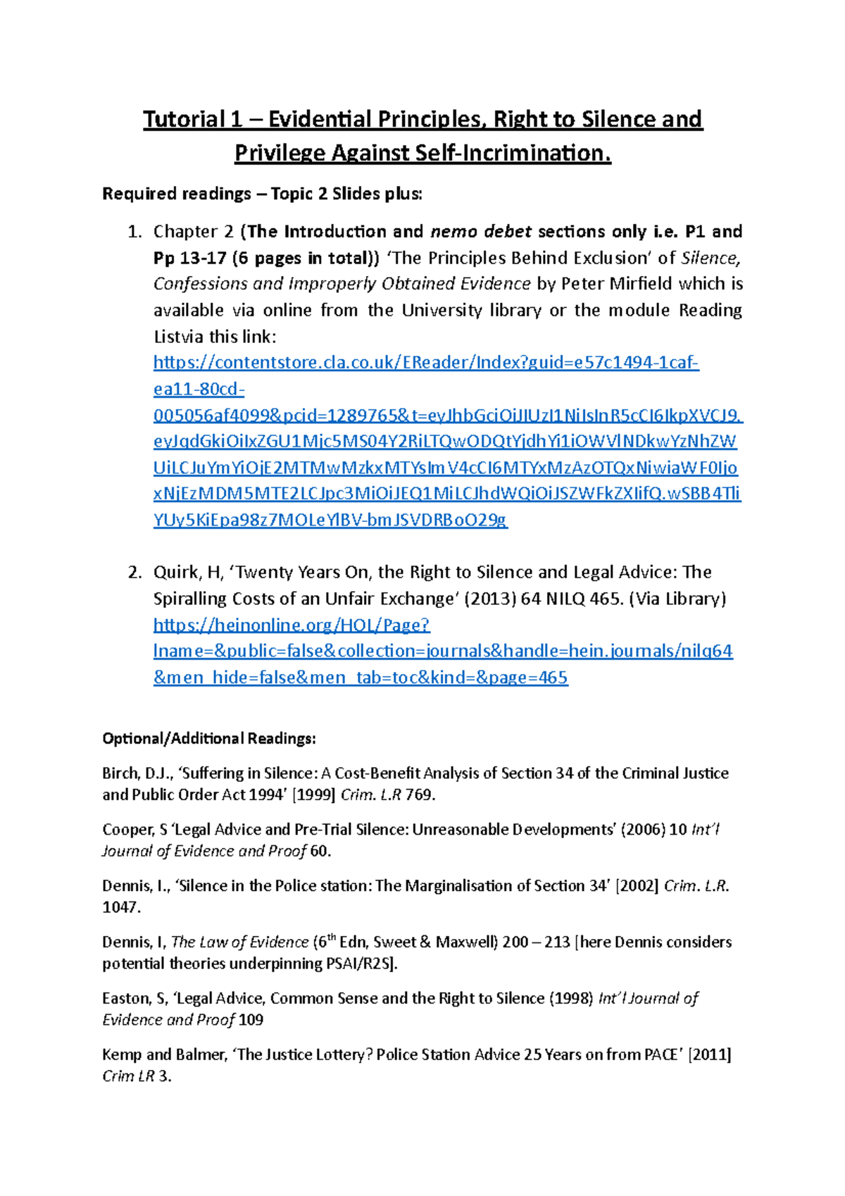 Evidence tutorials - Tutorial 1 – Evidential Principles, Right to Silence and Privilege Against ...
