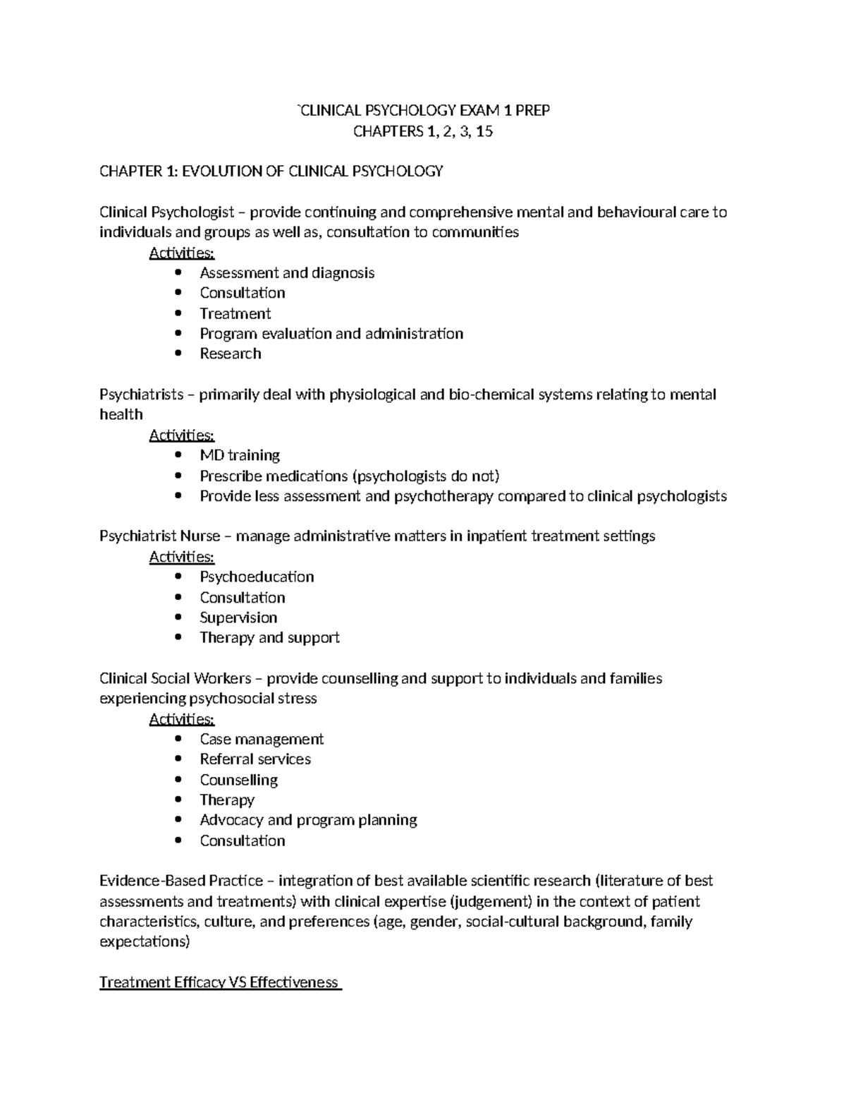 Clinical Psychology EXAM 1 PREP - `CLINICAL PSYCHOLOGY EXAM 1 PREP ...