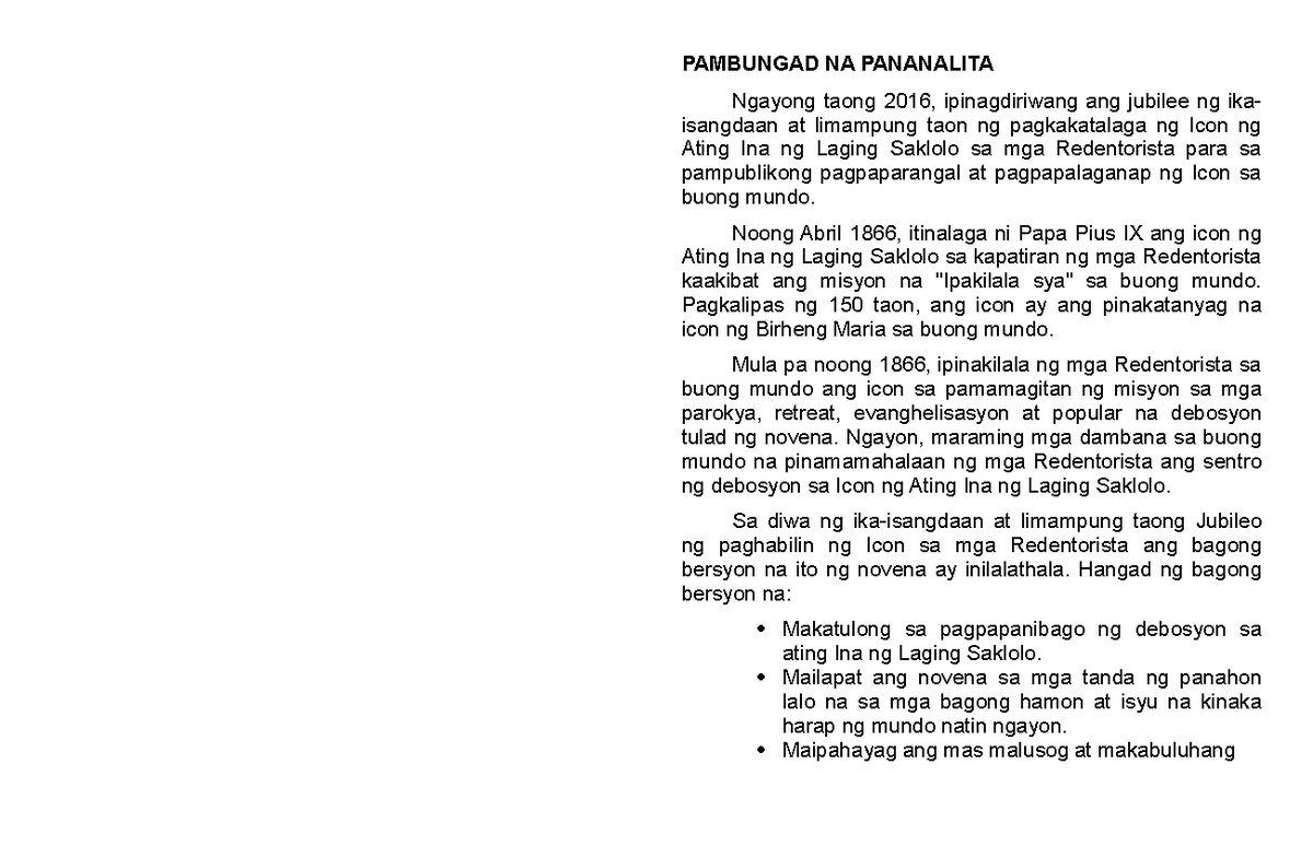 Novena - INA NG Laging Saklolo - PAMBUNGAD NA PANANALITA Ngayong taong ...