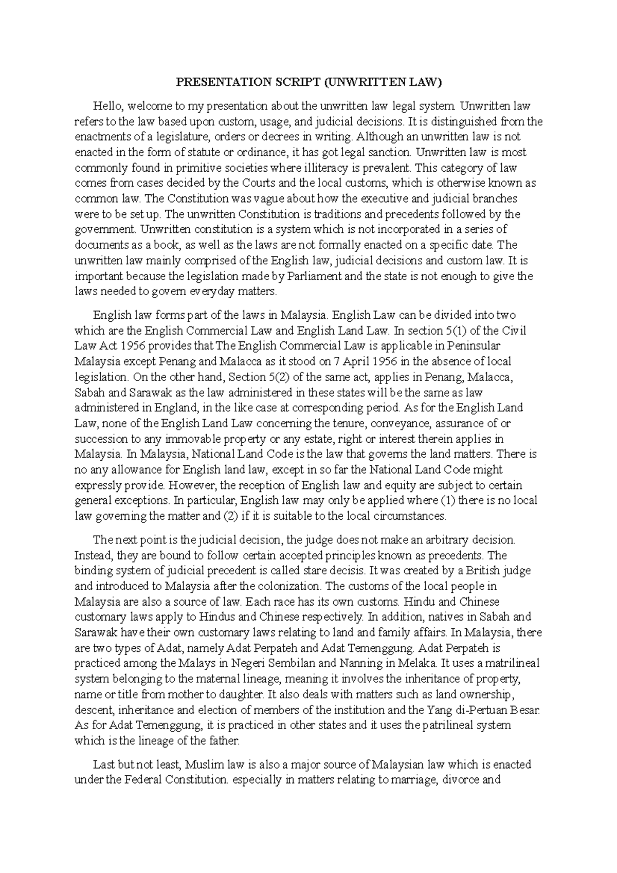 Unwritten LAW, business law subject - PRESENTATION SCRIPT (UNWRITTEN ...