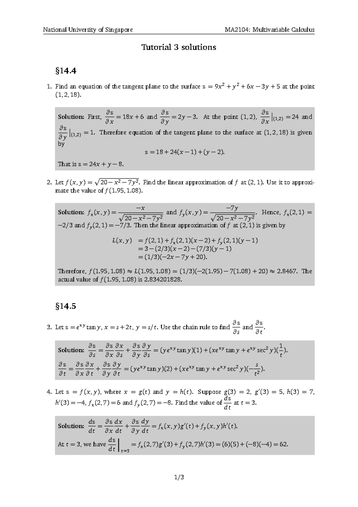 Tutorial 3 sol - National University of Singapore MA2104: Multivariable Calculus Tutorial 3 ...