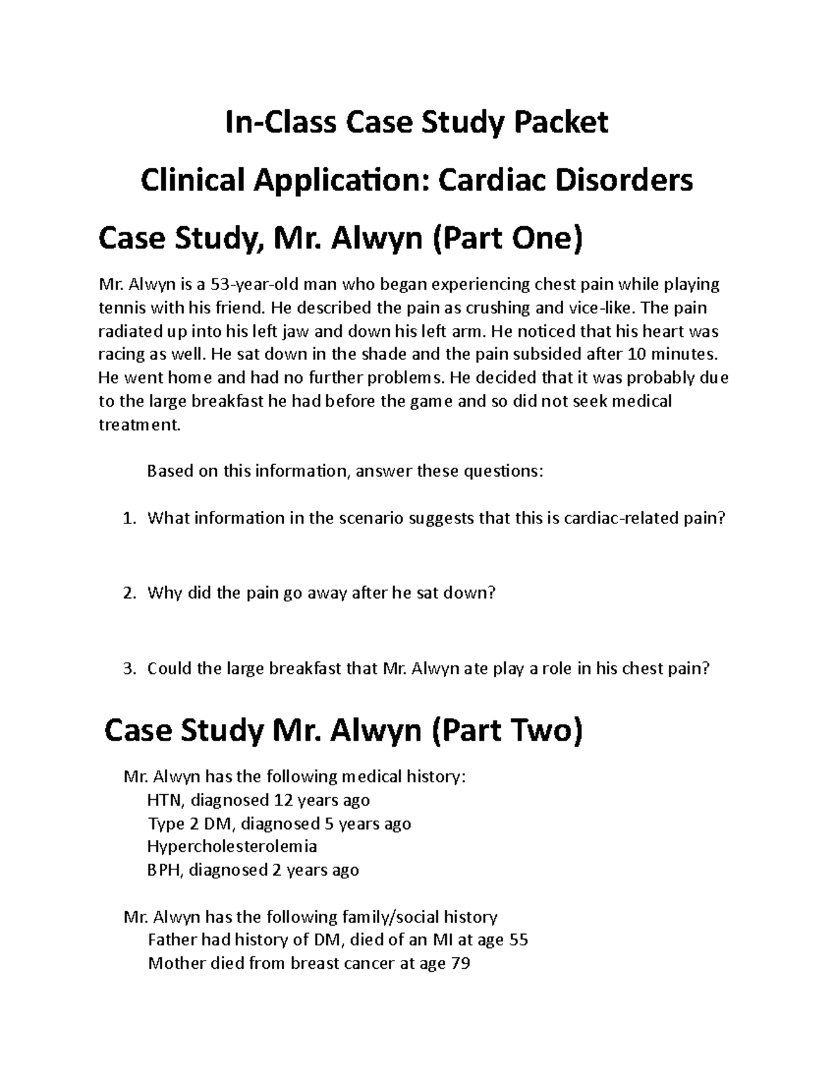 Cardiac Case Study - patho - In-Class Case Study Packet Clinical ...