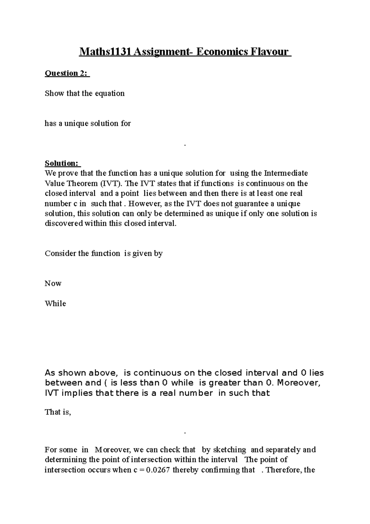 Maths 1131 Assignment - 8/10 - Maths1131 Assignment- Economics Flavour Question 2: Show that the ...