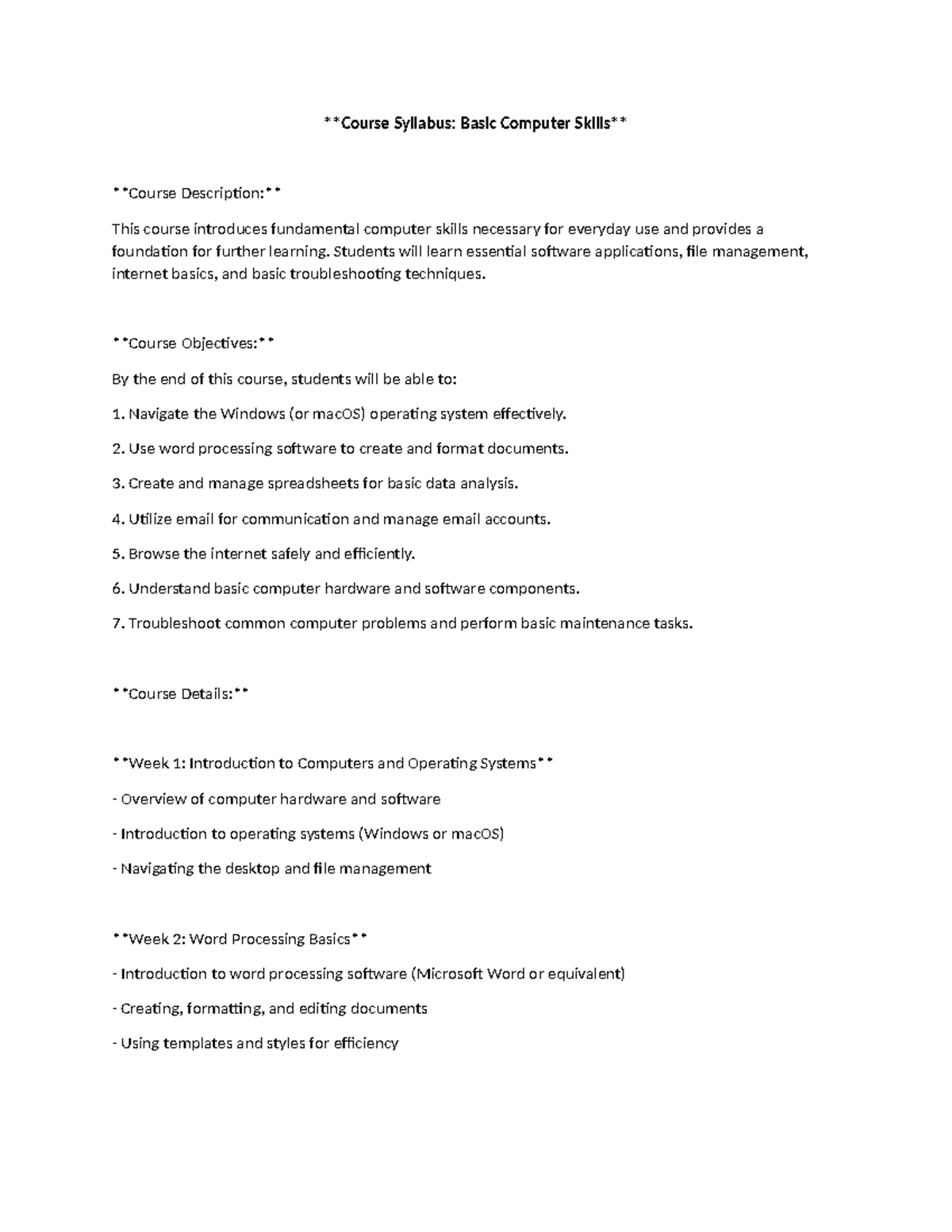 Course Syllabus for Basic Computer Skills - Course Syllabus: Basic ...