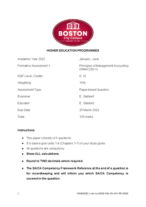 Principles of Management Accounting DOC - MEMORANDUM Academic Year 2022 ...