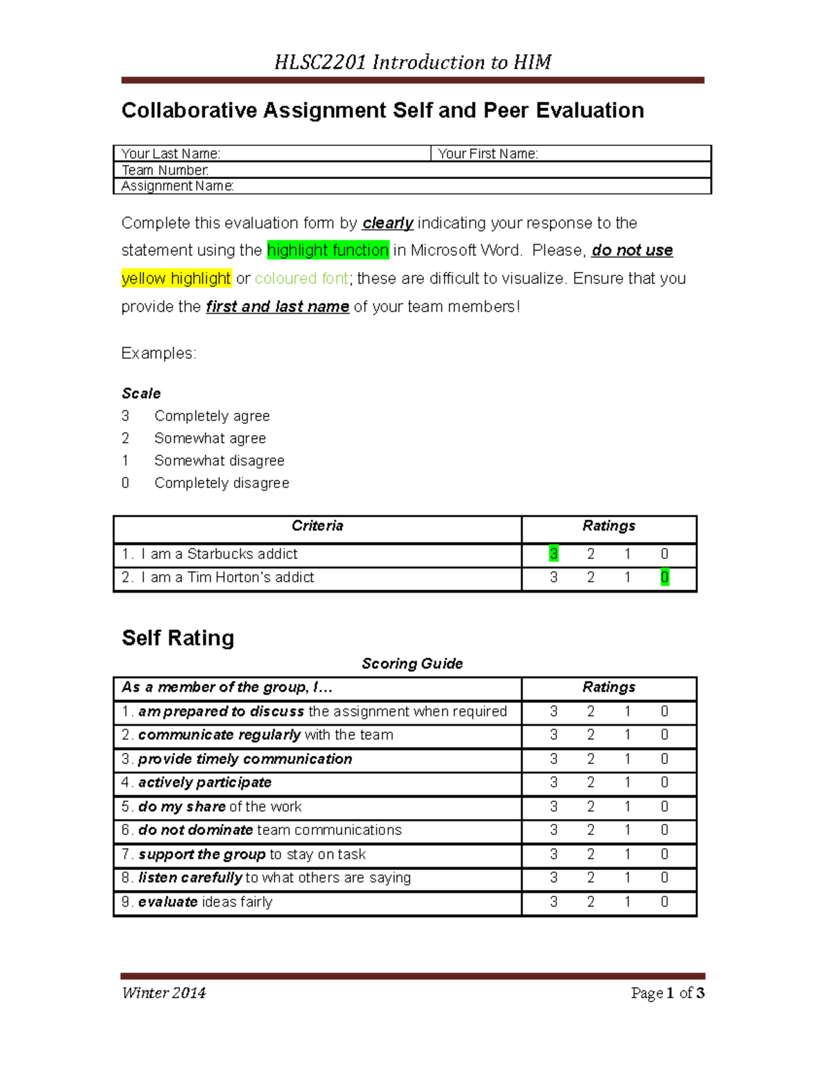Self and Peer Evaluation Rubric F18 update - HLSC2201 Introduction to ...