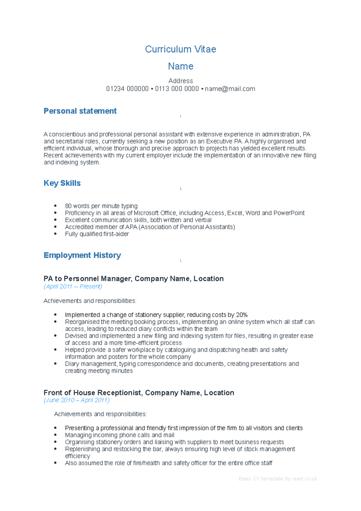 Basic-CV-template - cv tempate - Curriculum Vitae Name Address 01234 ...