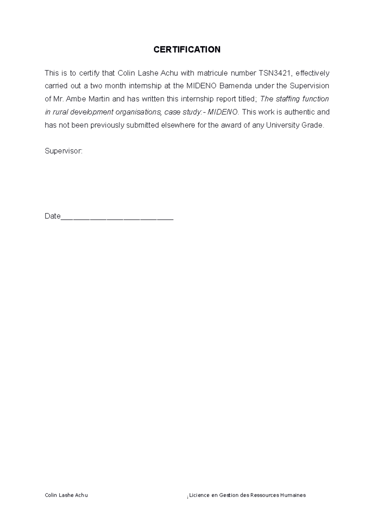 The Human Resource Function Internship R - CERTIFICATION This is to ...