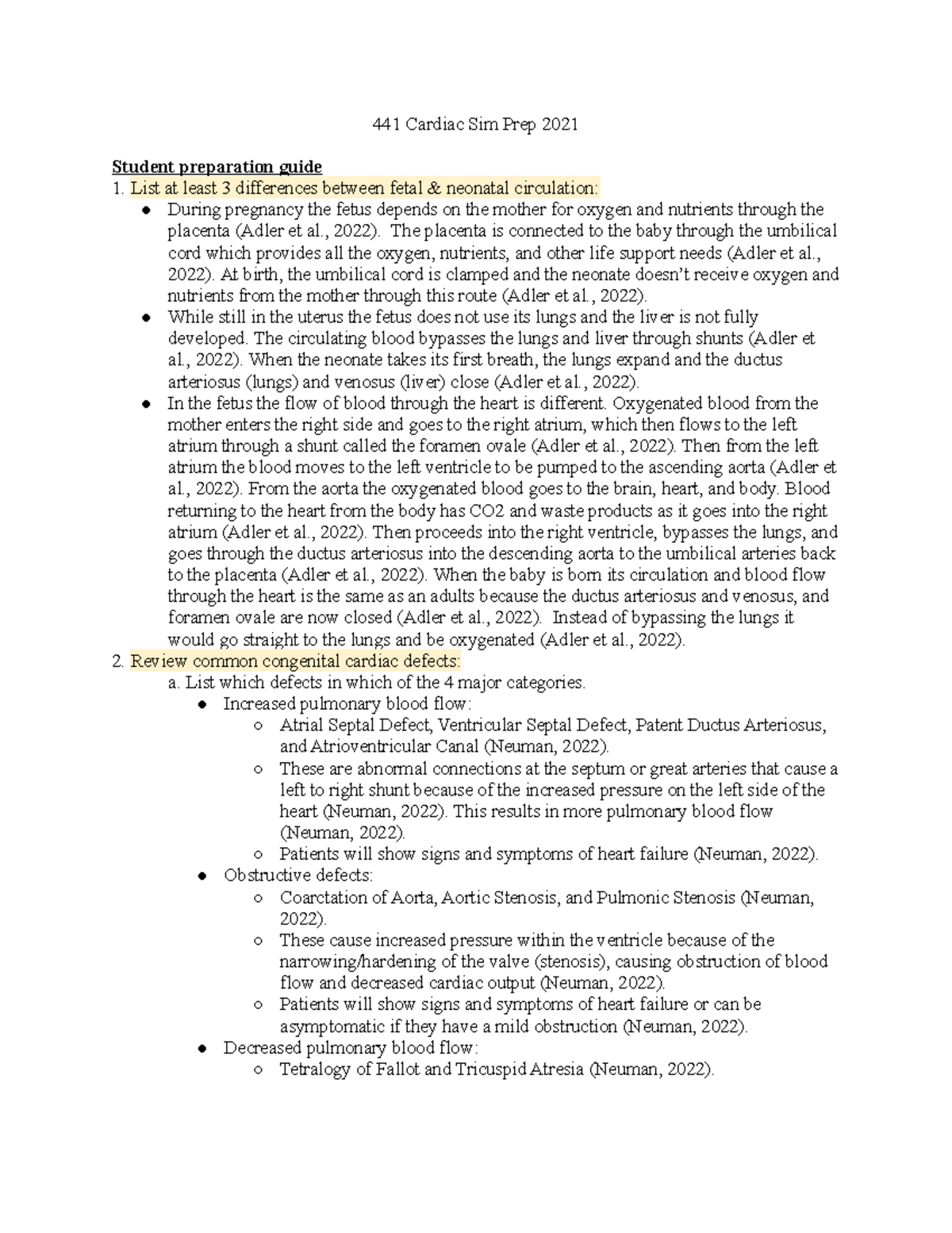 Cardiology Simulation Prep Assignment for Pediatrics - 441 Cardiac Sim ...