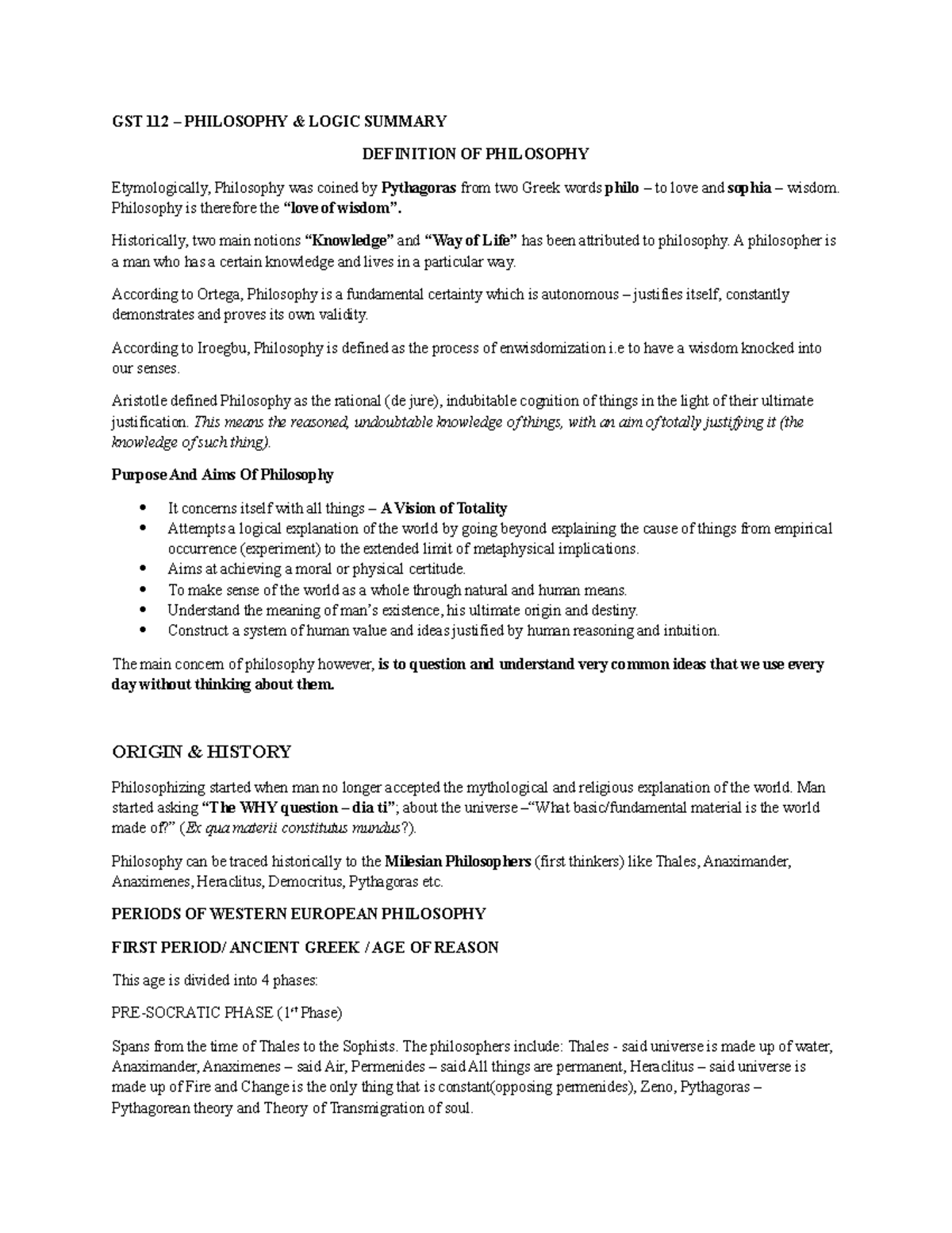 RCF GST 112 Summary - GST 112 – PHILOSOPHY & LOGIC SUMMARY DEFINITION OF PHILOSOPHY - Studocu