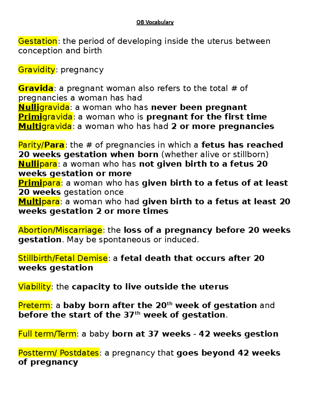 Key terms - OB Vocabulary Gestation: the period of developing inside ...