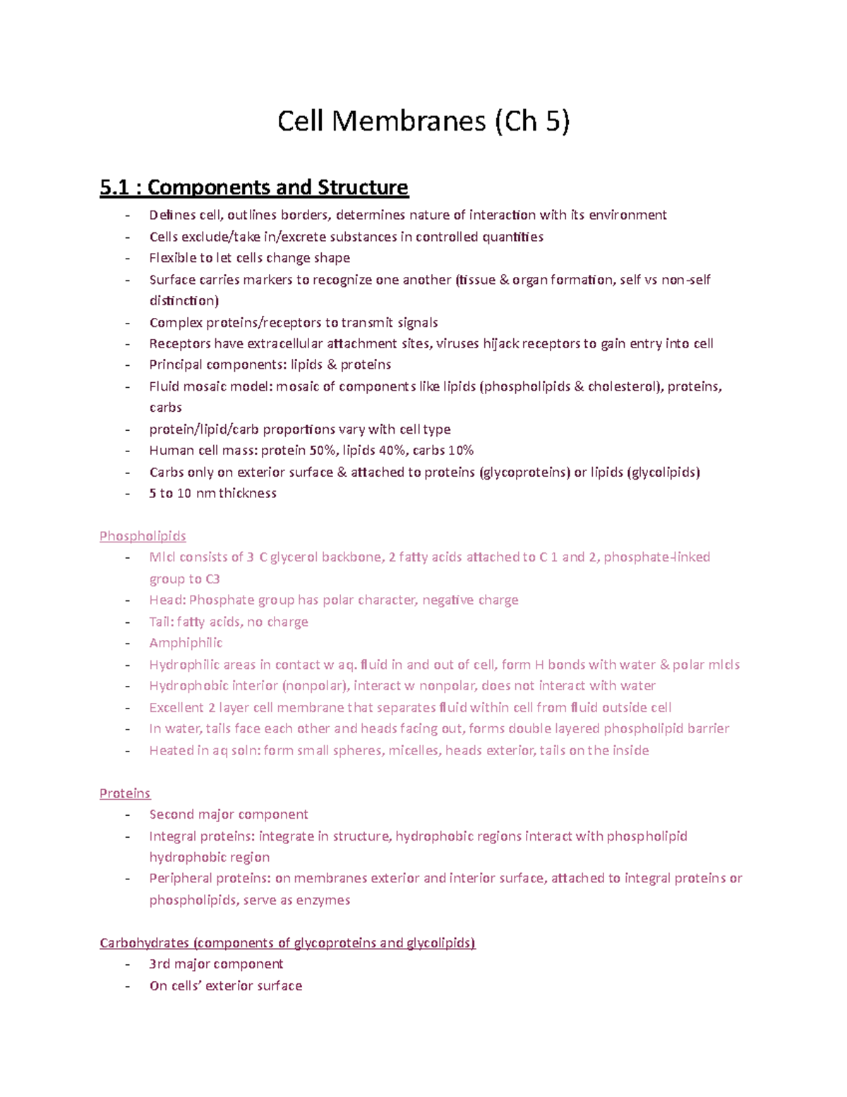 Cell Membranes Notes/ Summary - Cell Membranes (Ch 5) 5 : Components ...