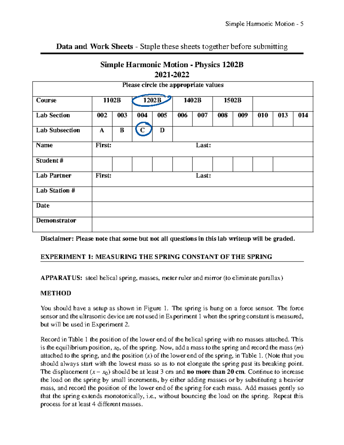 Simple Harmonic Motion Lab PHYS1202B - Data and Work Sheets- Staple ...