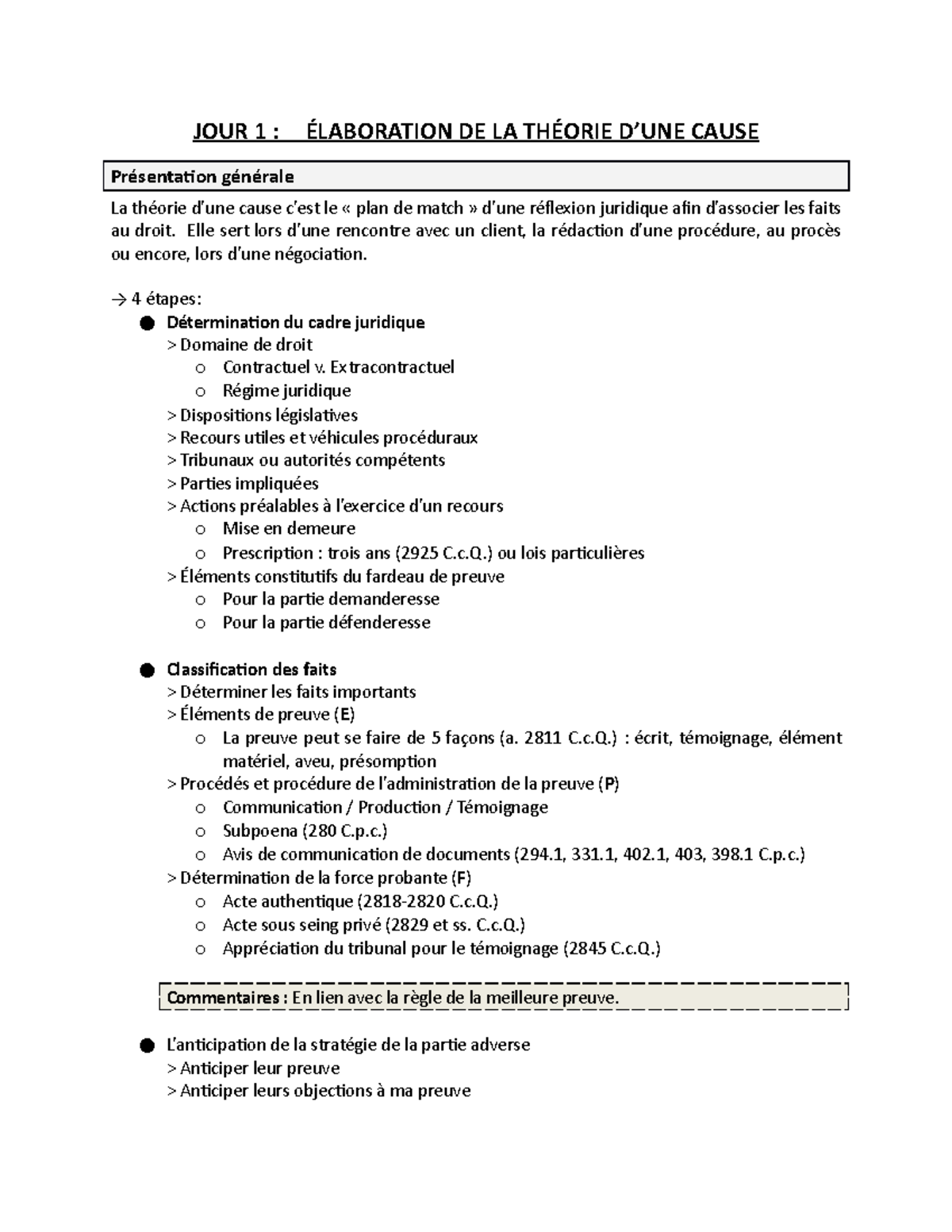Preuve - Annexes partie 7 - JOUR 1 : ÉLABORATION DE LA THÉORIE D’UNE CAUSE Présentation générale ...