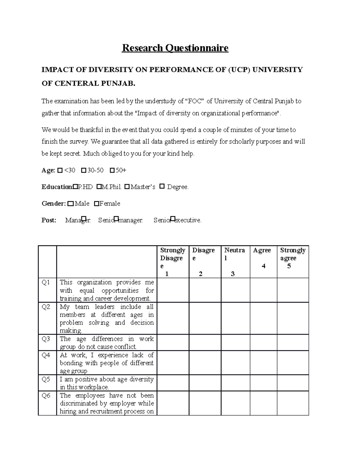 Questionssss - Notes - Research Questionnaire IMPACT OF DIVERSITY ON ...