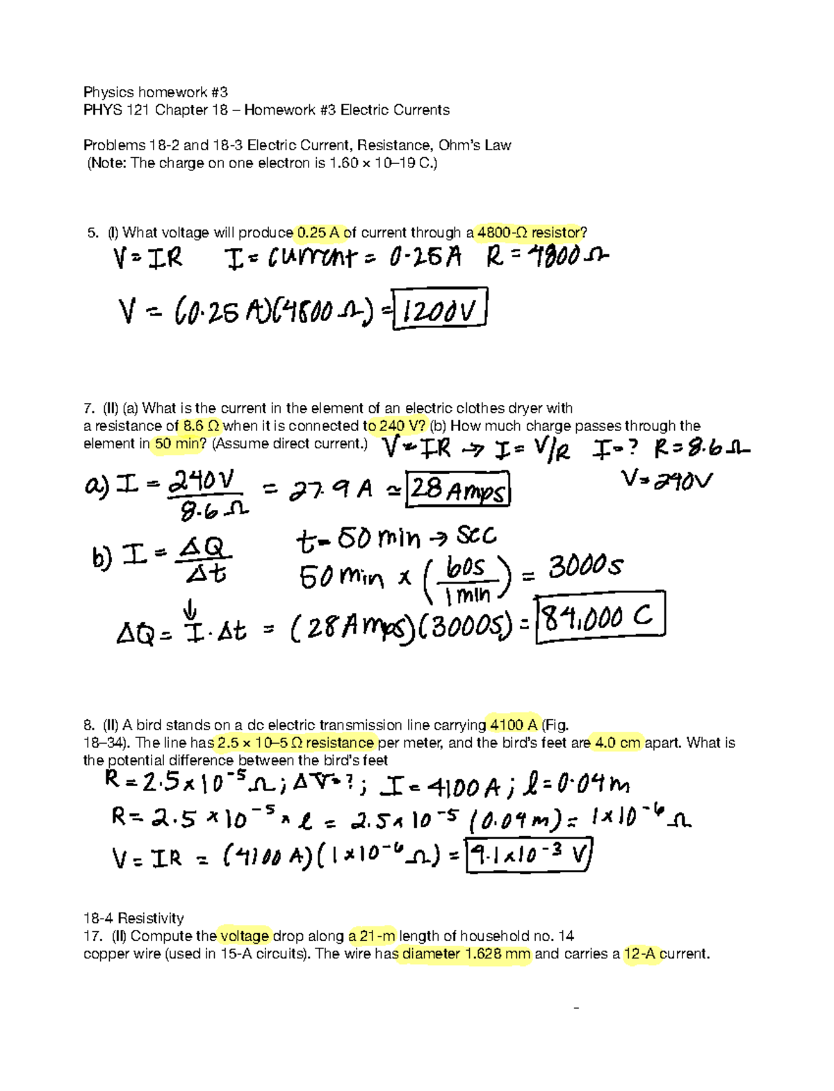 Electric Currents homework - Physics homework # PHYS 121 Chapter 18 ...