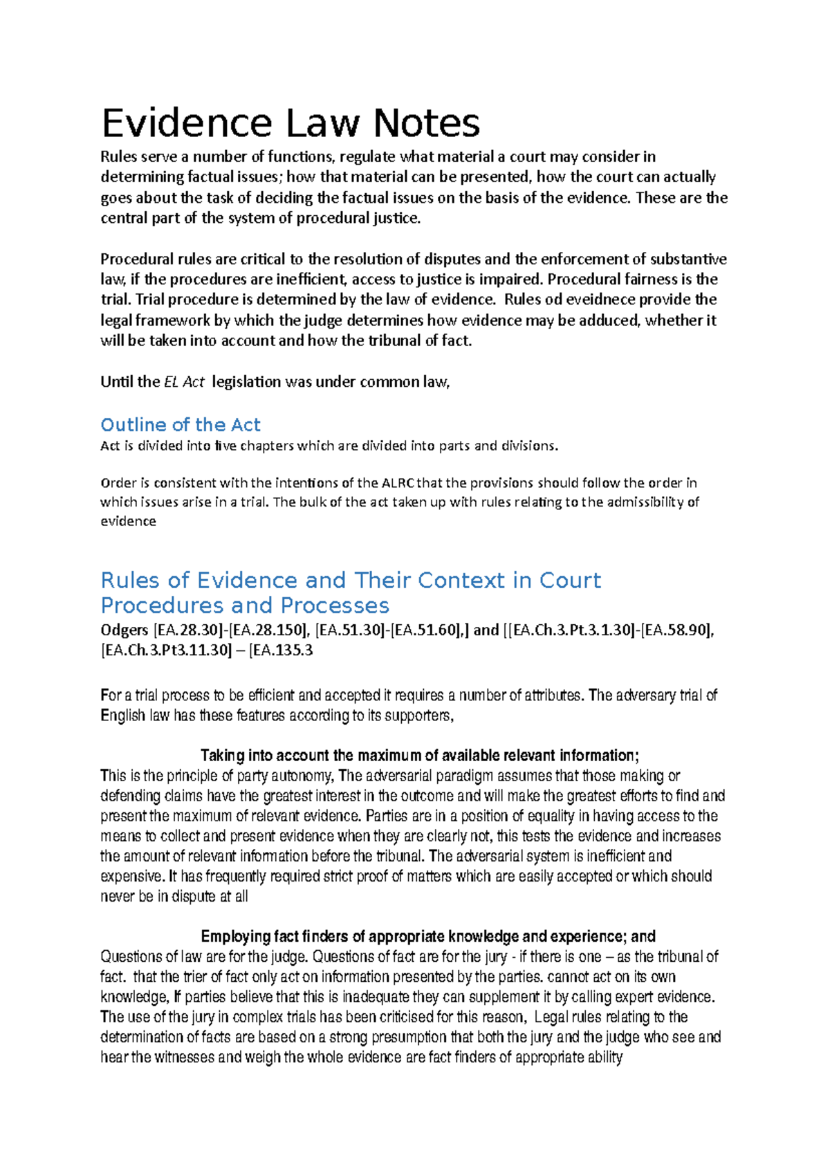 Evidence Law Notes - Evidence Law Notes Rules serve a number of ...