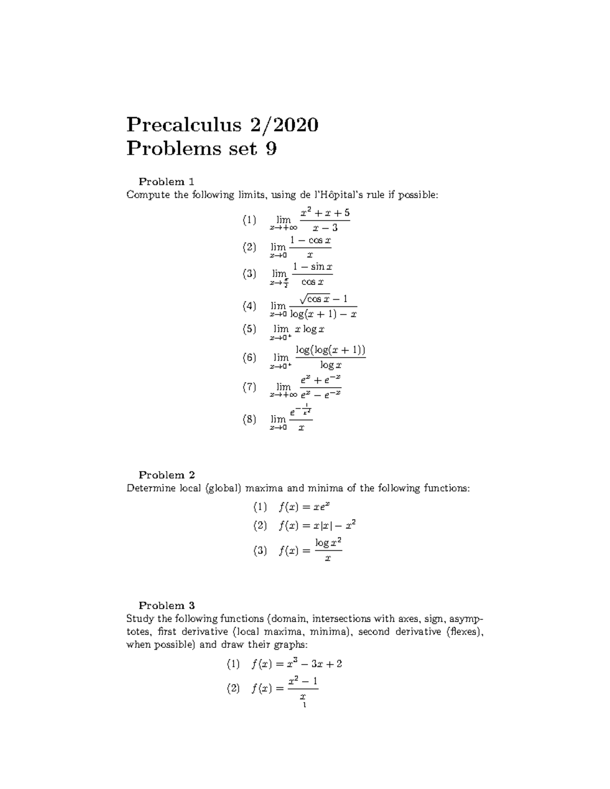 Precalculus 2020 - Problems set 9 - Precalculus 2/ Problems set 9 ...