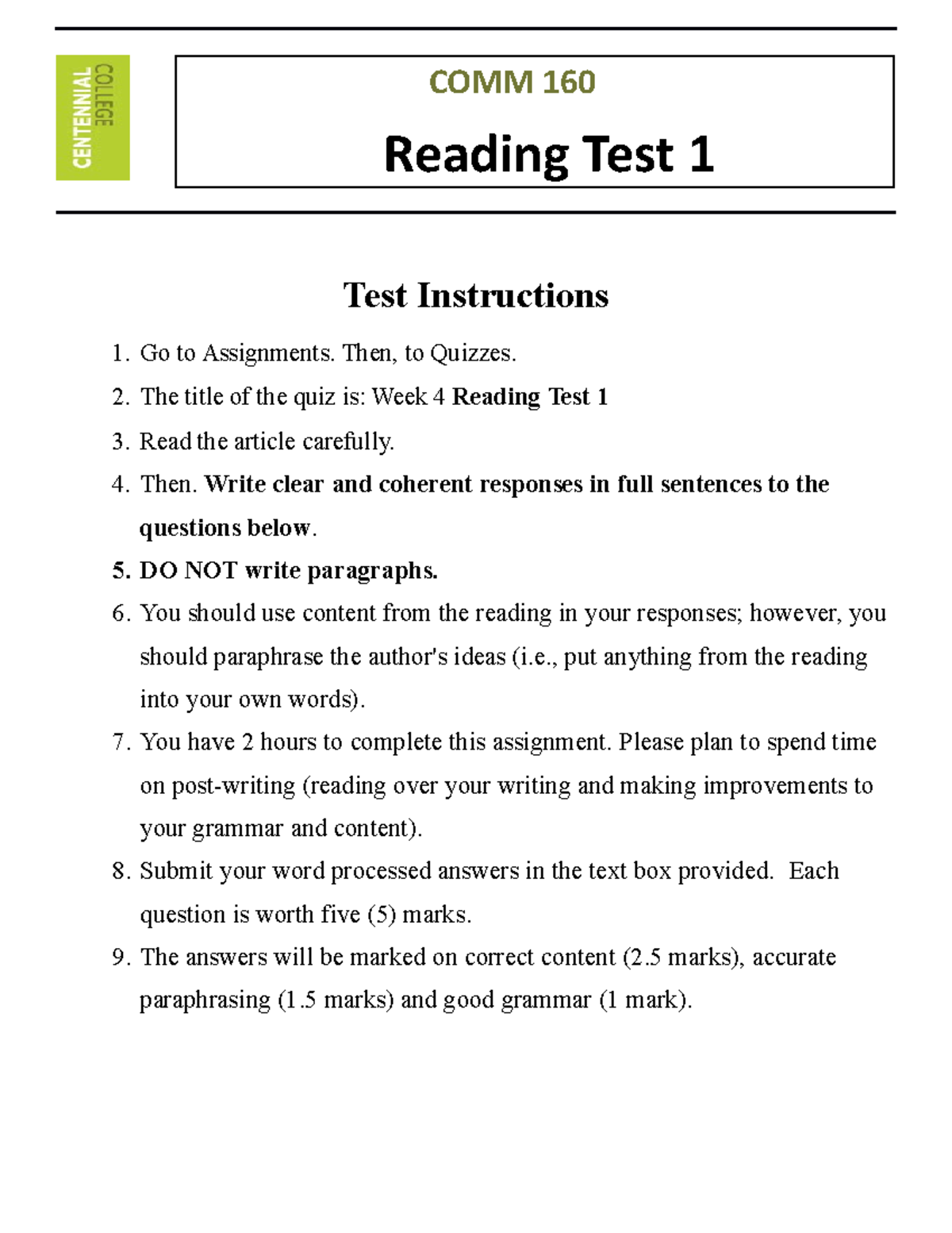 COMM 161 Instructions for Reading Test - Test Instructions Go to ...
