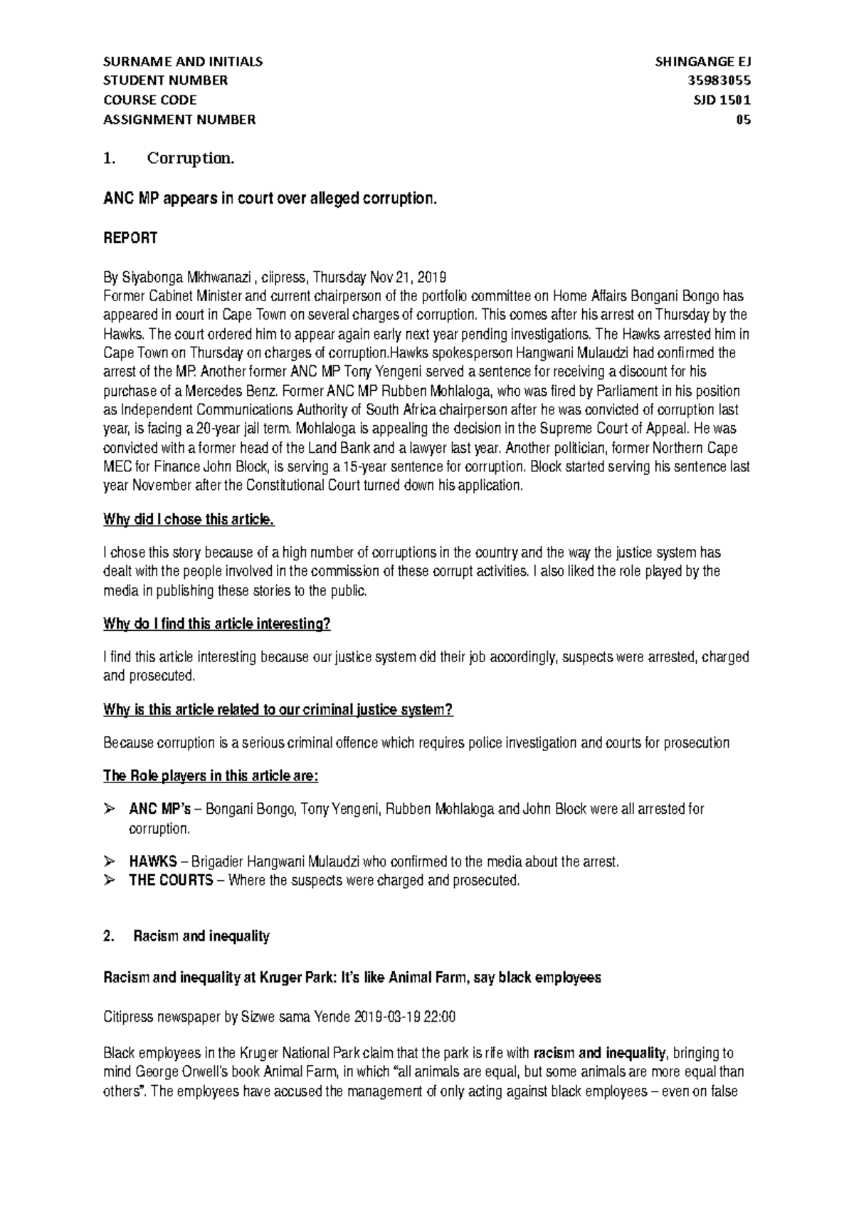 SJD 1501 Assignment NO 5 - STUDENT NUMBER 35983055 COURSE CODE SJD 1501 ...