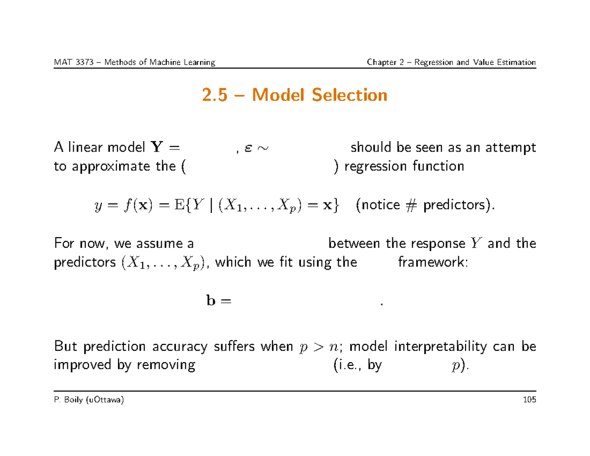 Mat3373 2 5 S - notes - 2 – Model Selection A linear model Y = Xβ + ε ...