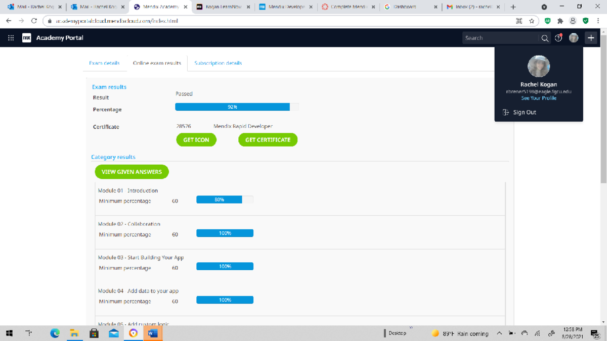 Mendix Certification Result (EXAM) - Mail Rachel Kog x Mail Rachel Kog ...