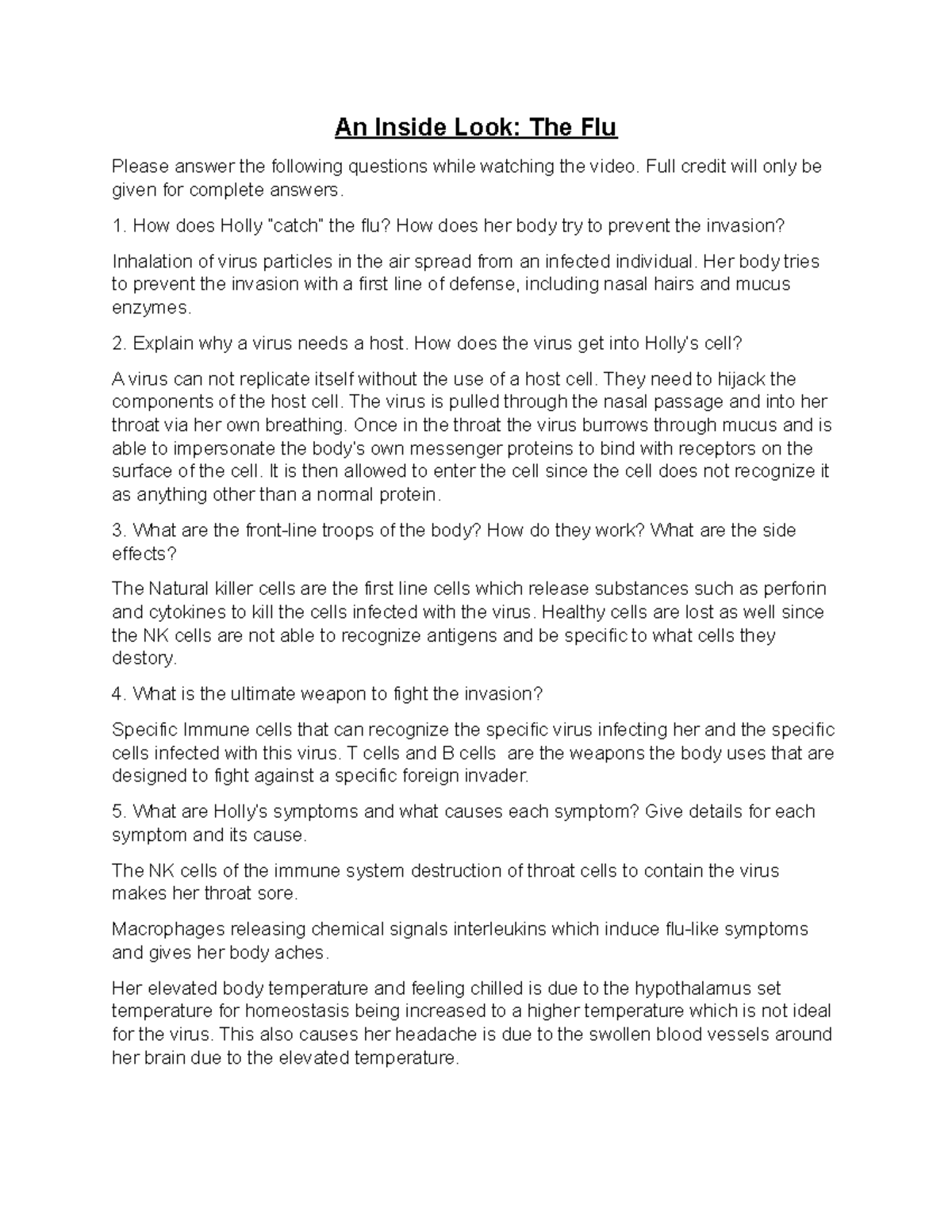 Flu Video Questions - An Inside Look: The Flu Please answer the ...