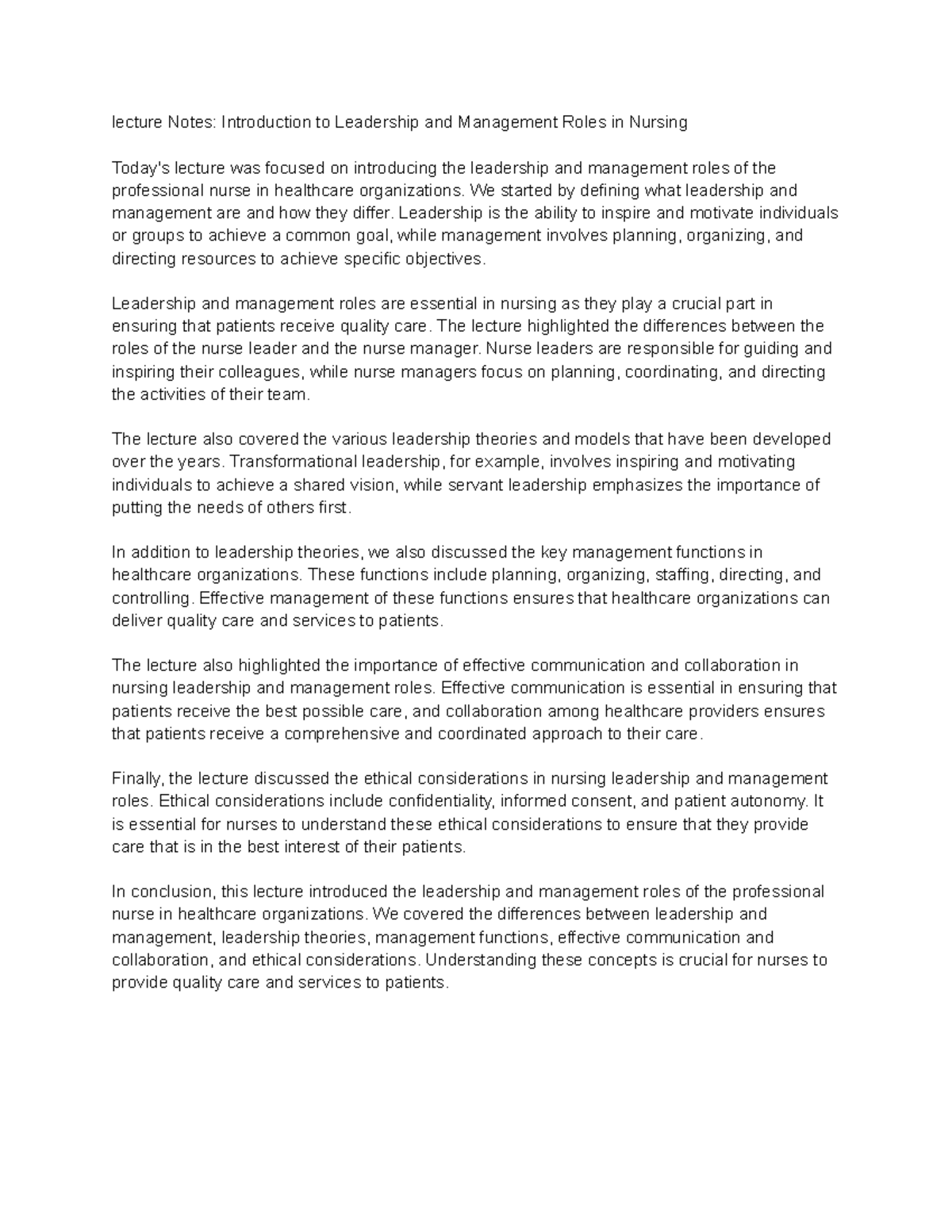 1 lecture Notes Introduction to Leadership and Management Roles in ...