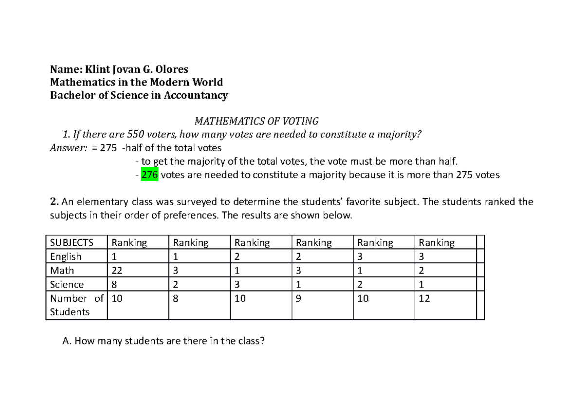 Mathematics OF Voting - Name: Klint Jovan G. Olores Mathematics in the ...