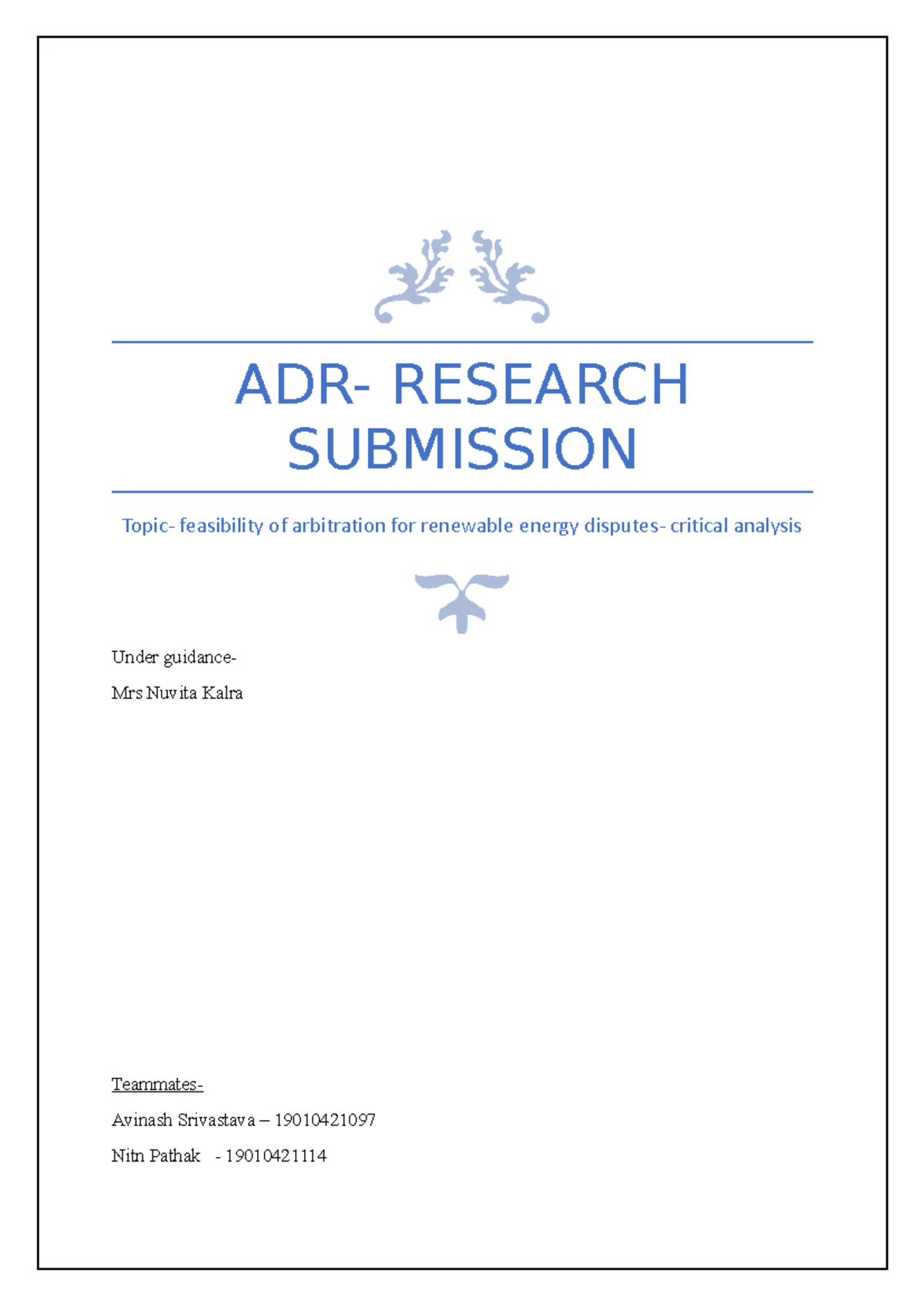 ADR Research Paper - ADR- RESEARCH SUBMISSION Topic- feasibility of ...