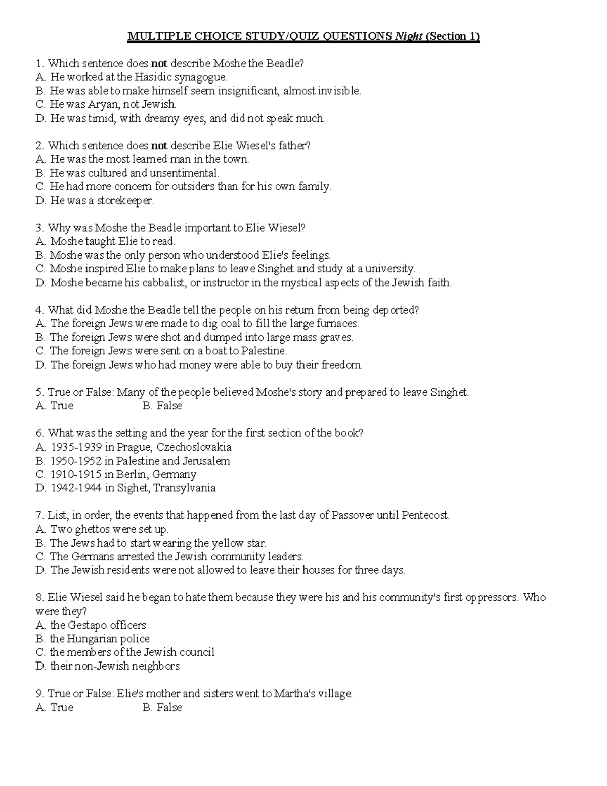 20240401 HW 2 Night Reading Quiz - MULTIPLE CHOICE STUDY/QUIZ QUESTIONS ...