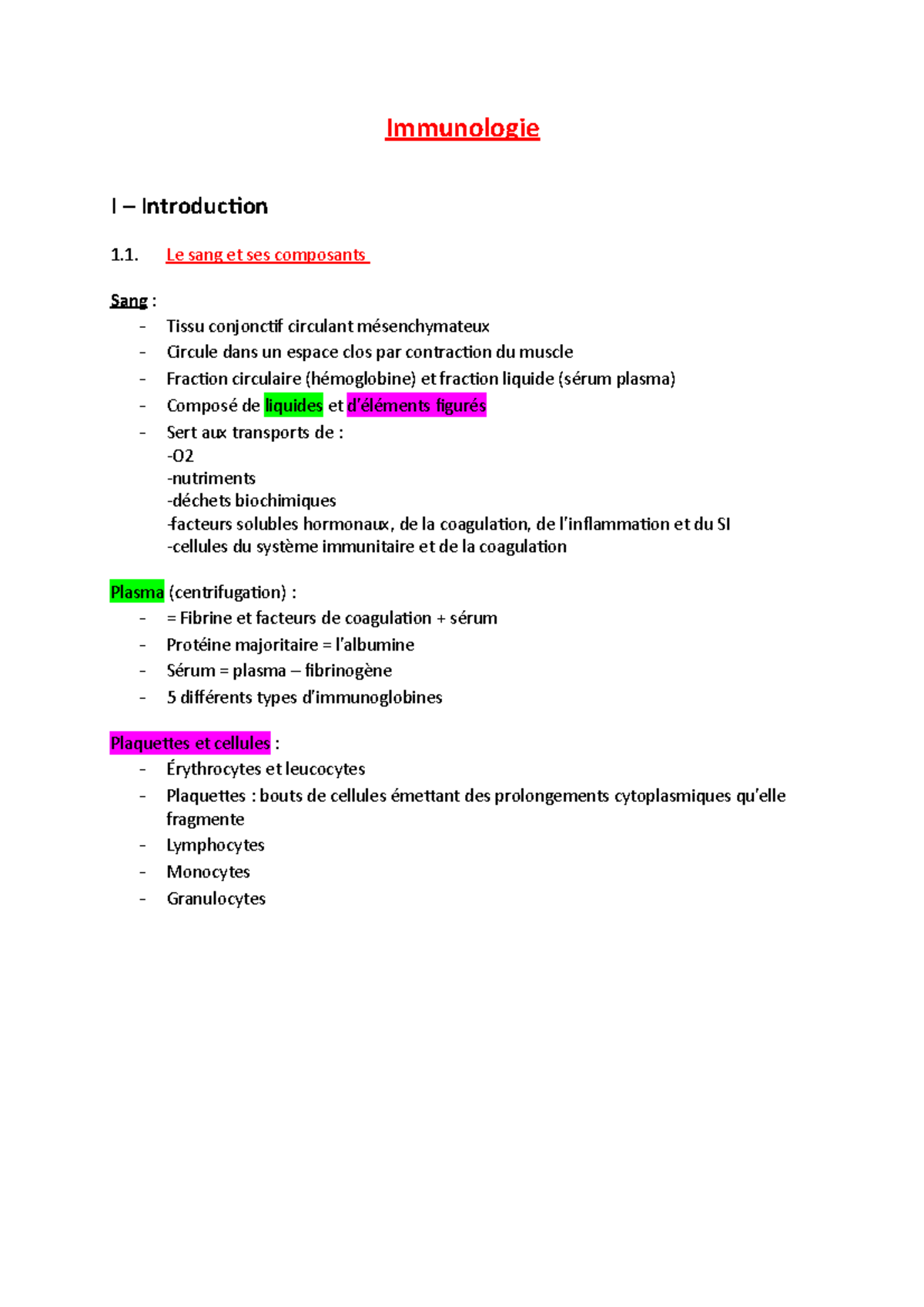Cours - Immunologie I – Introduction Le sang et ses composants Sang ...