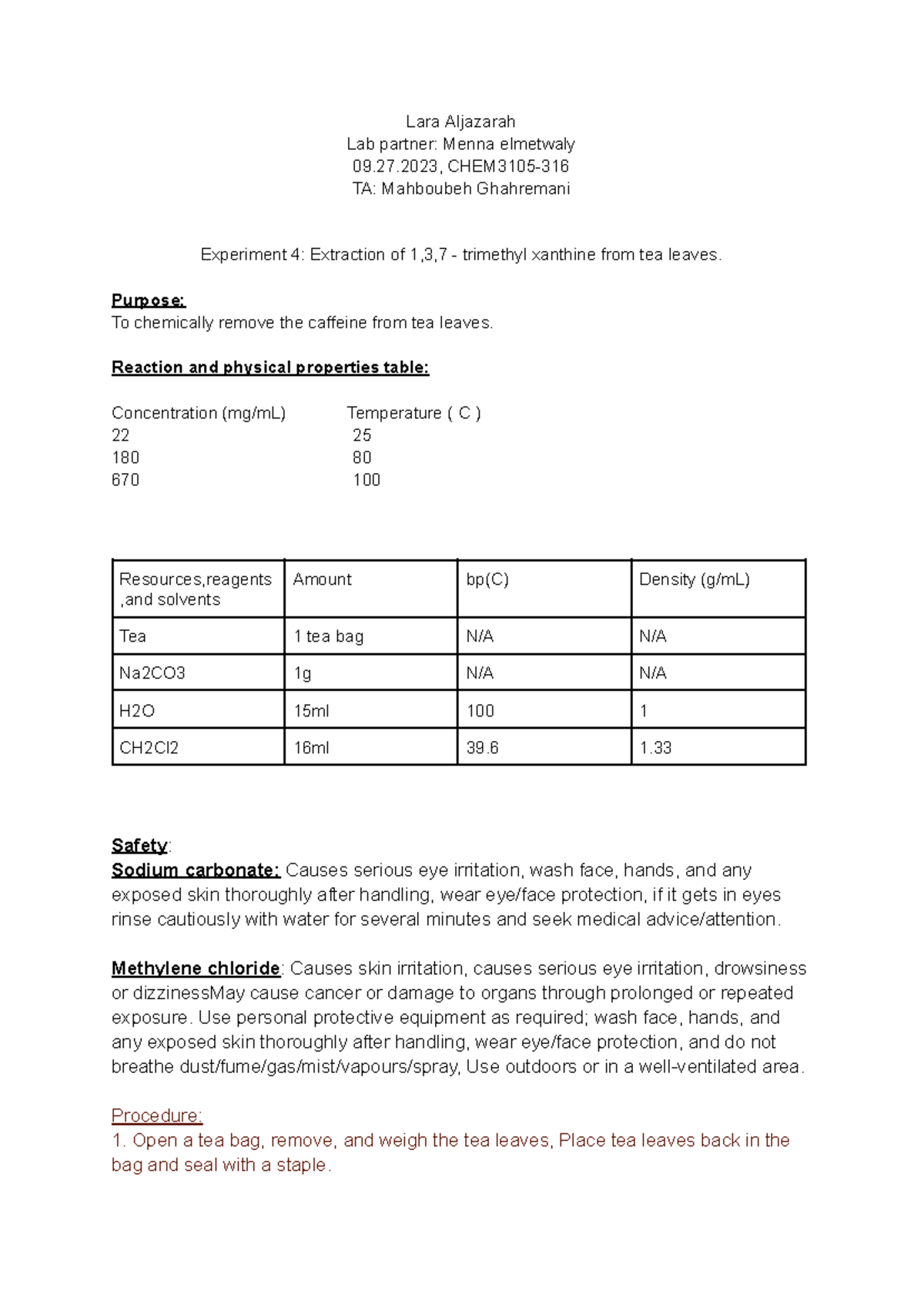 Experiment 4 chemistry - Lara Aljazarah Lab partner: Menna elmetwaly 09.27, CHEM3105- TA ...