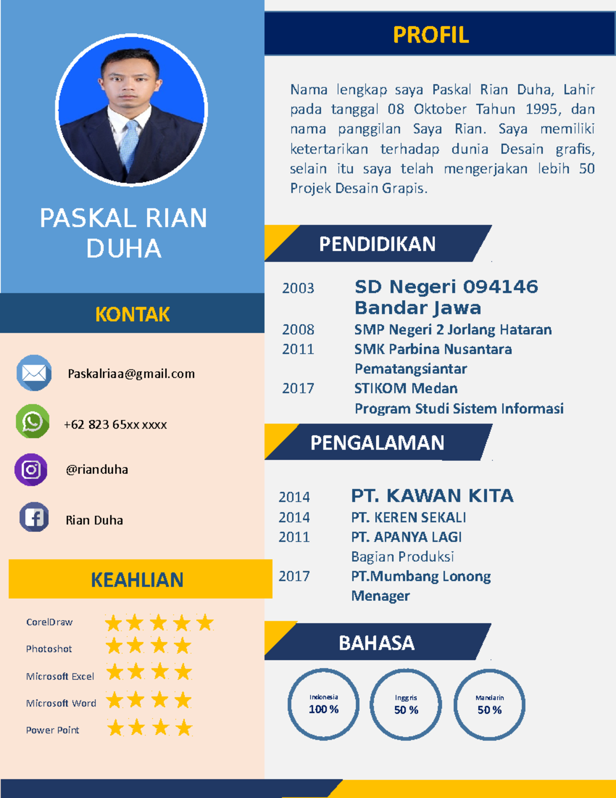 Contoh CV 1 - sip - BAHASA PENGALAMAN PENDIDIKAN PROFIL Rian Duha ...