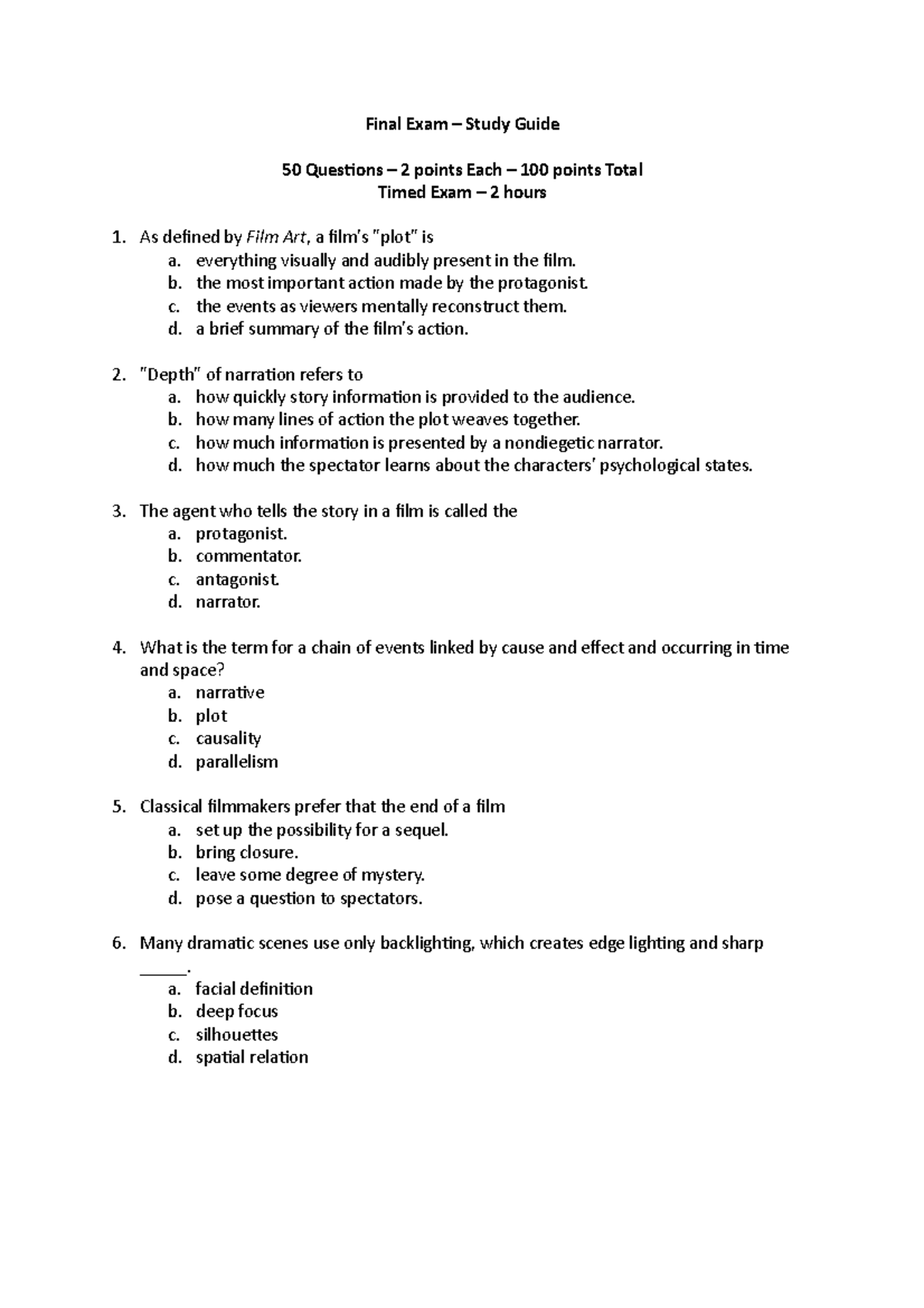 Final Exam - Study Guide - Final Exam – Study Guide 50 Questions – 2 ...