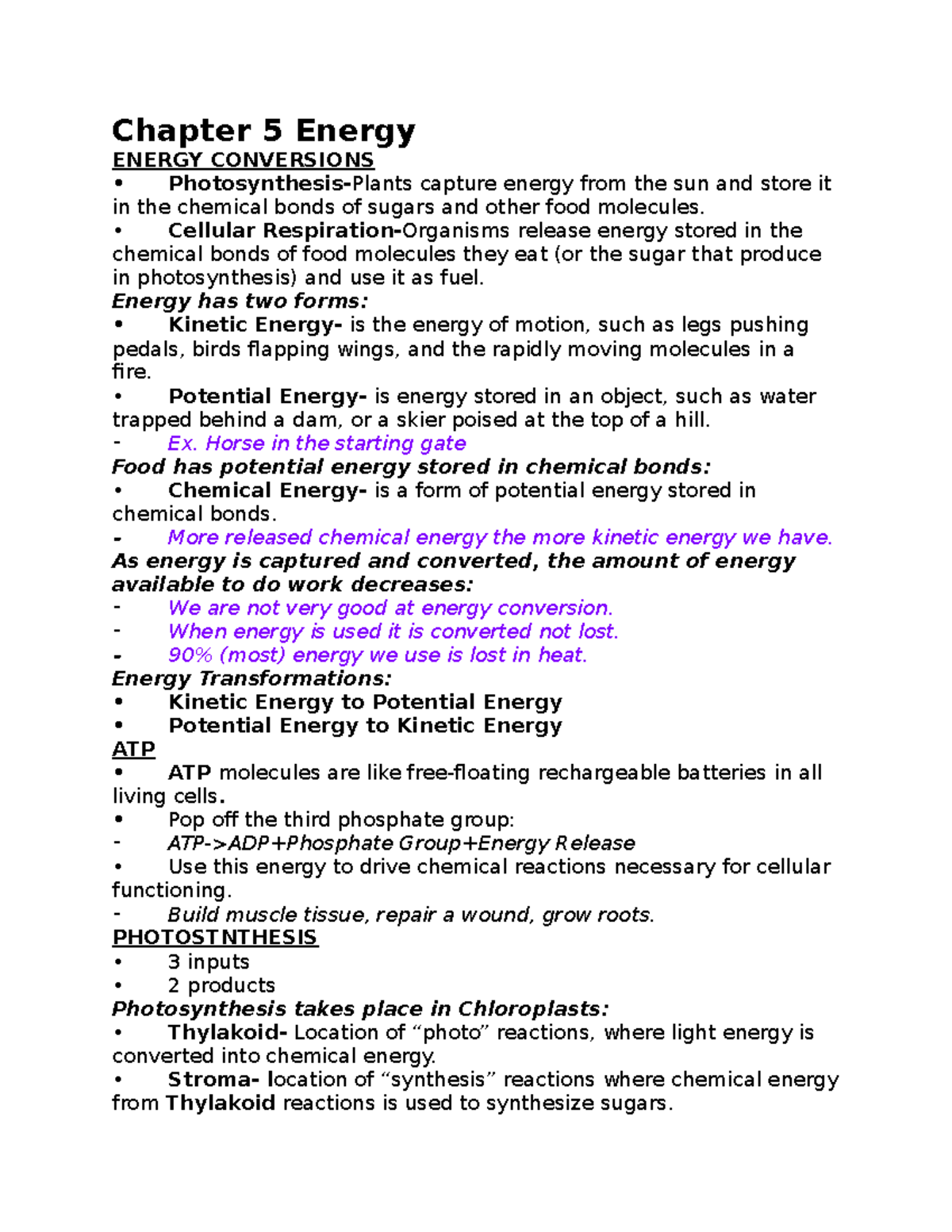Chapter 5 Energy - Biology 1101 in 101 classroom - Chapter 5 Energy ...