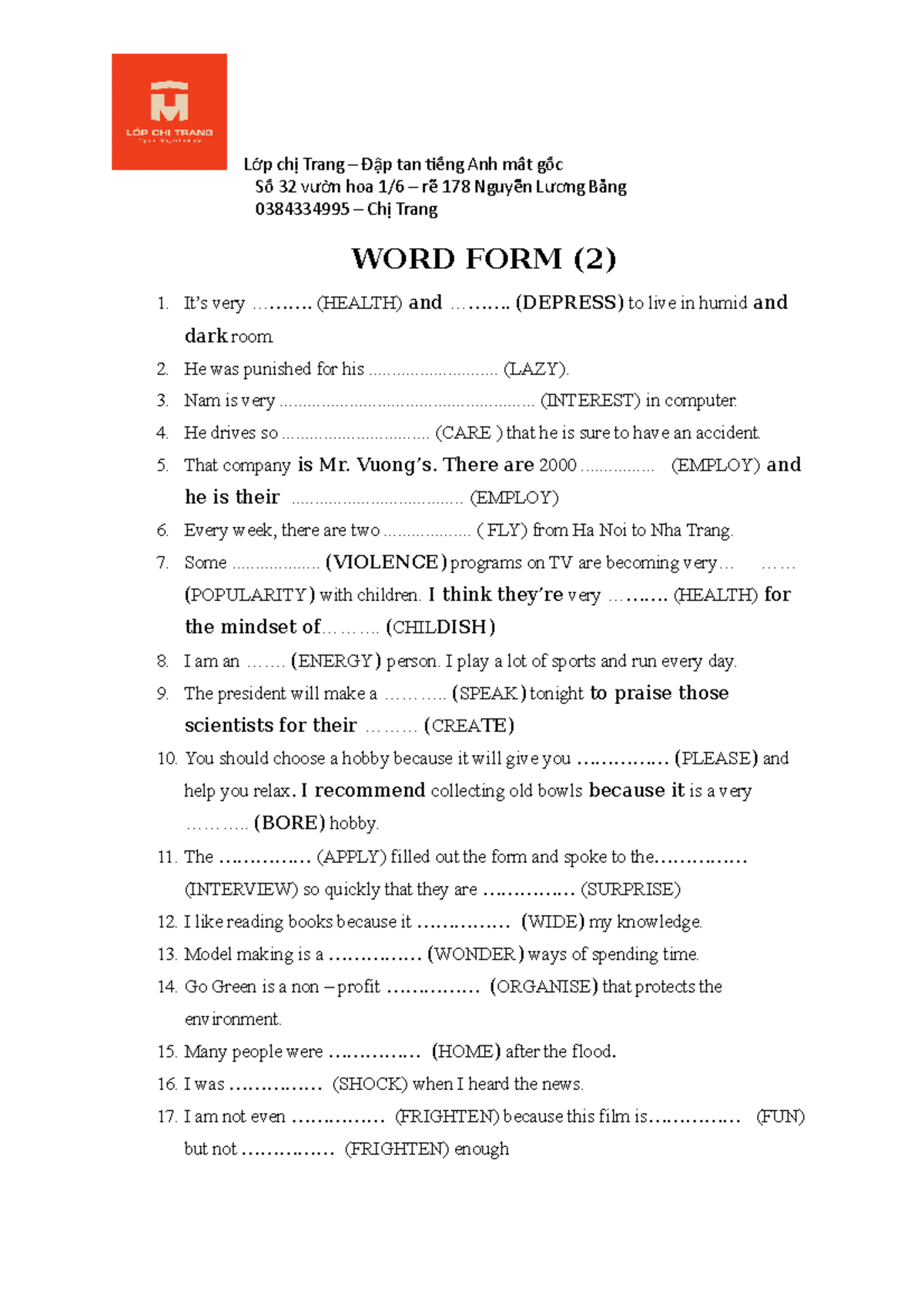 7NC WORD FORM (2) - AQƯ'ELN'ÉNG - L p ch Trang – Đ p tan tếếng Anh mấết ...