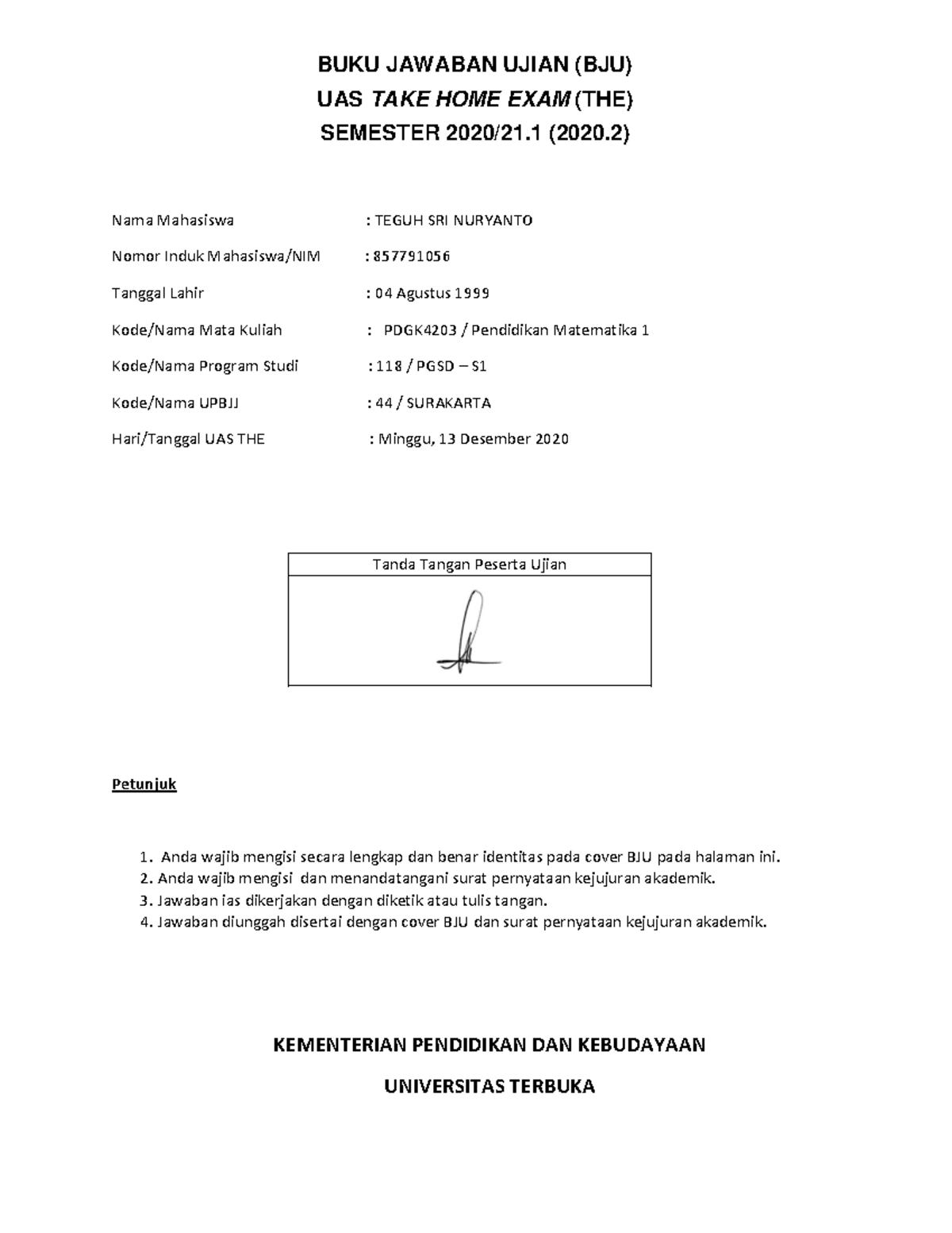 BJU UT Matematika Teguh SRI Nuryanto (revisi ttd) - BUKU JAWABAN UJIAN (BJU) UAS TAKE HOME EXAM ...