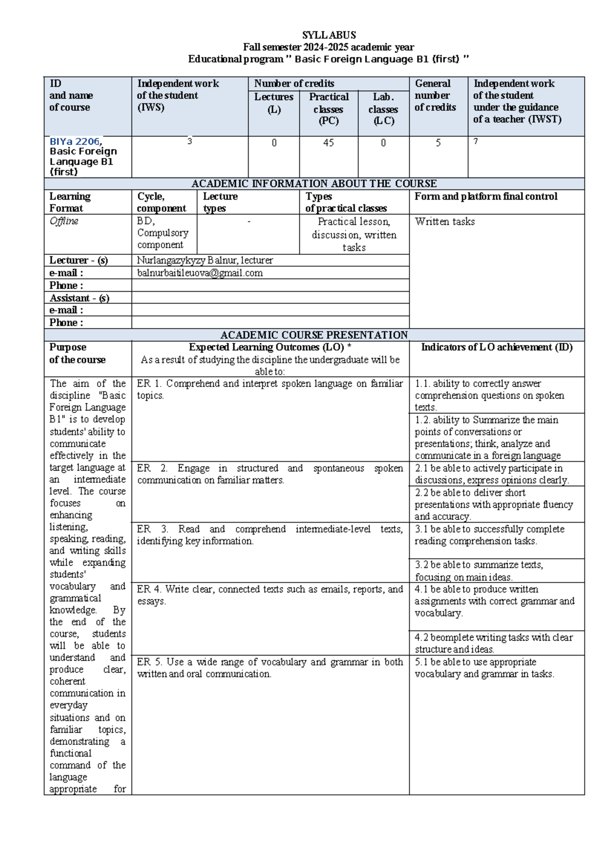 Syllabus 2024 Basic Foreign Language B1 - SYLLABUS Fall semester 2024-2025 academic year ...