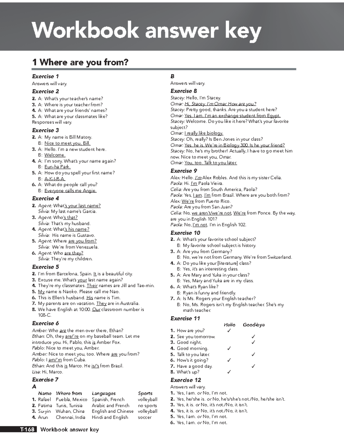 Respuestas Level 1 - T-168 Workbook answer key Workbook answer key 1 ...
