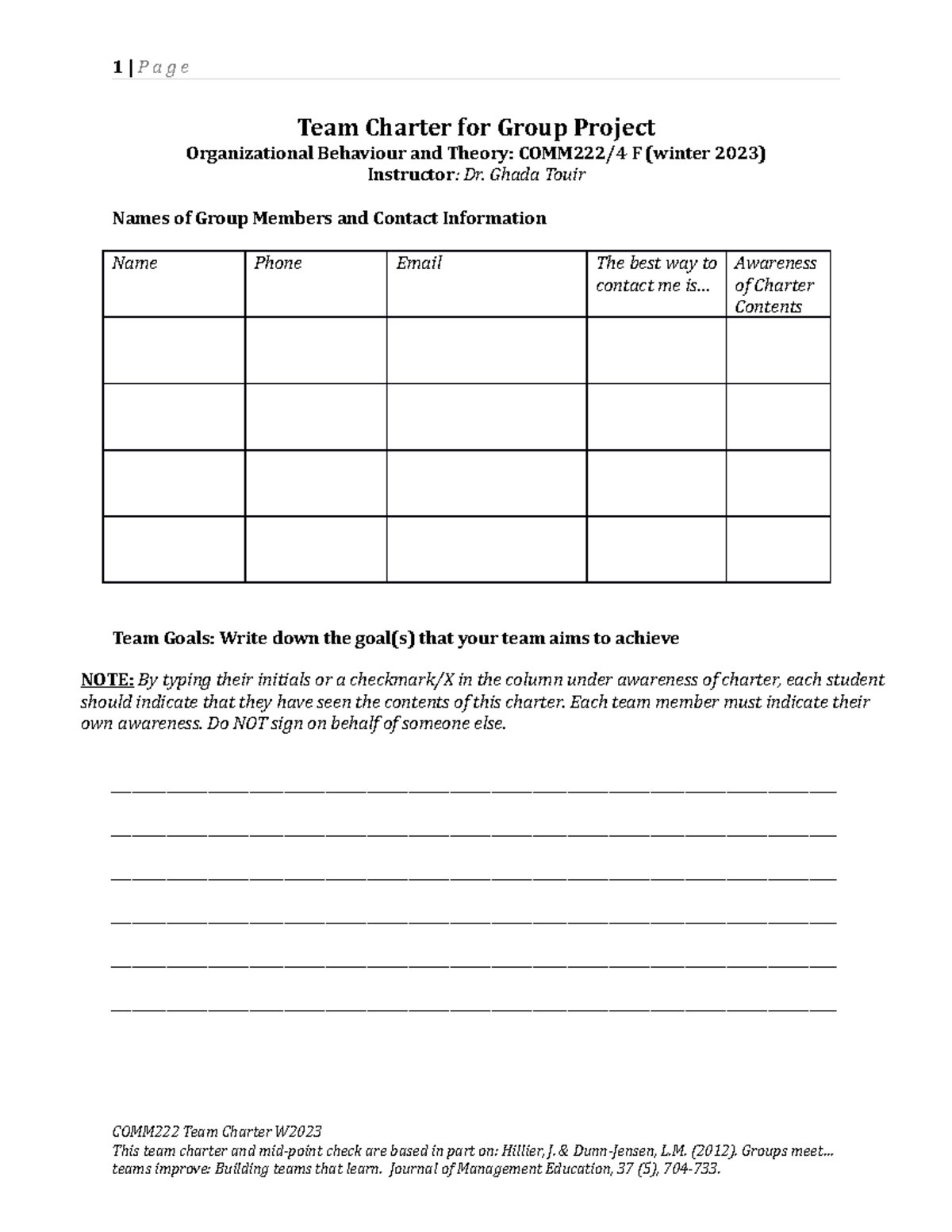 Team Charter for Group Project COMM222 F-W2023 - Team Charter for Group ...