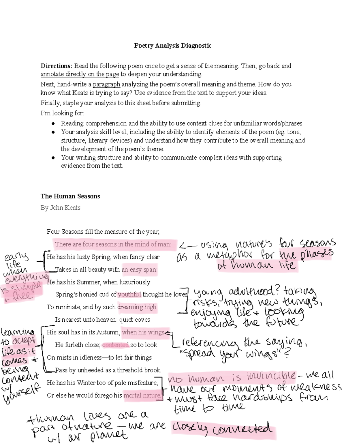 Poem Analysis - Poetry Analysis Diagnostic Directions: Read the ...