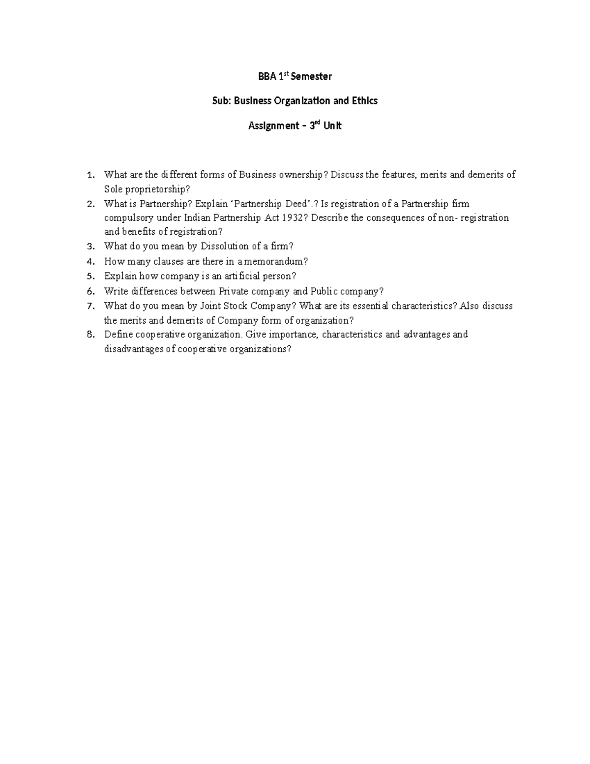 BBA 1st Semester- 3rd Assignment - BBA 1st Semester Sub: Business ...