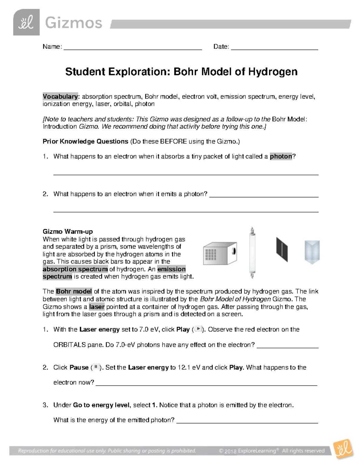 1. Worksheet Bohr Model of Hydrogen - Name ...