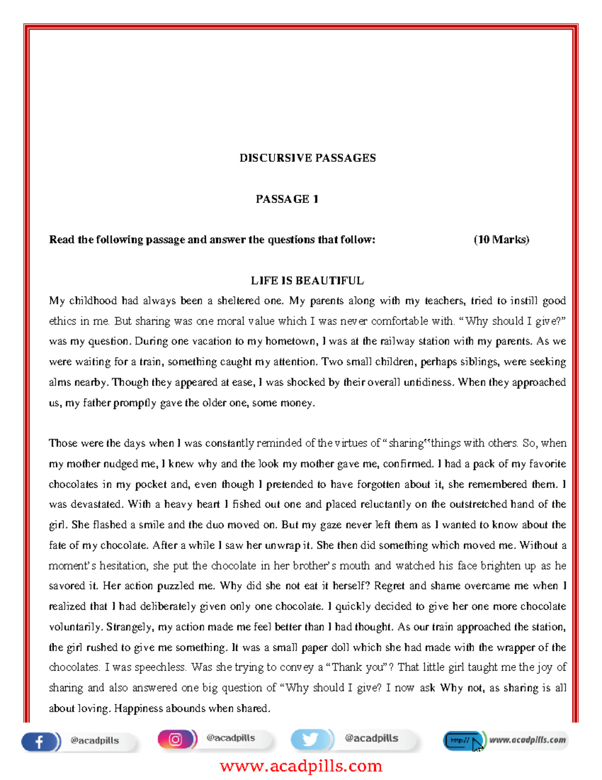 11th Holiday Homework Unseen passage - 11 | P a g e DISCURSIVE PASSAGES ...