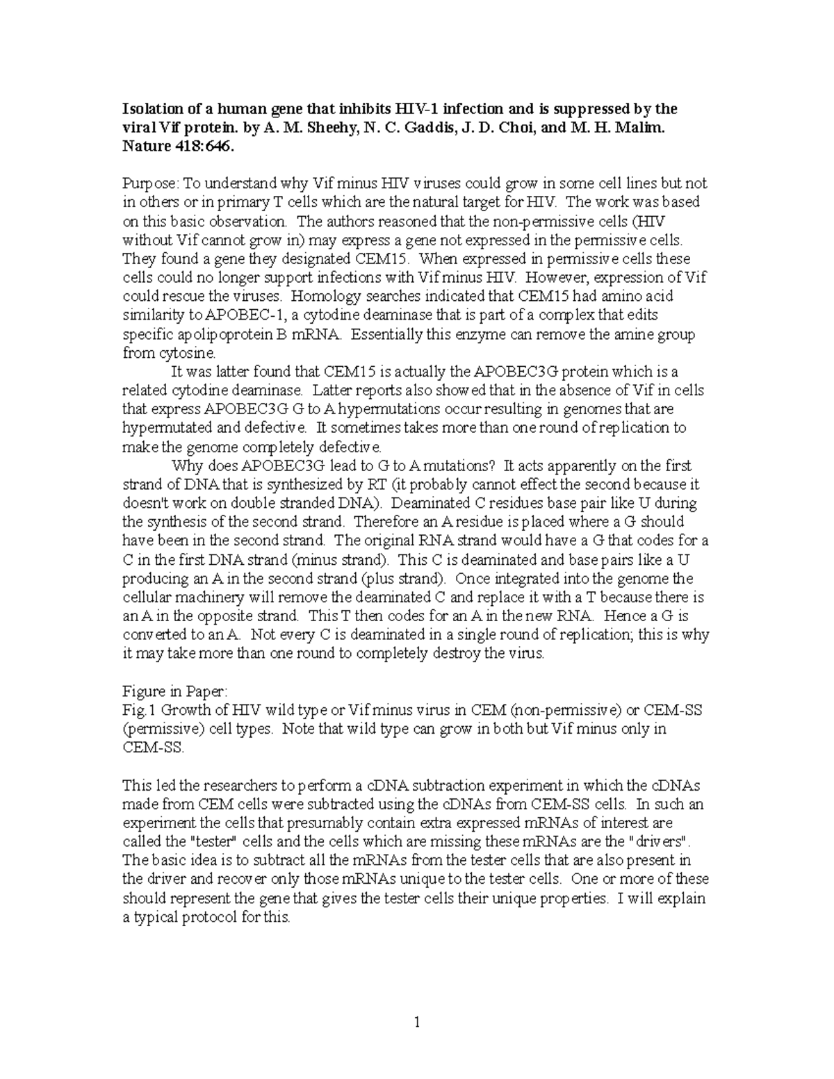 Apobec 3G-CEM15 paper, Sheehy et al., 2002 - Isolation of a human gene ...